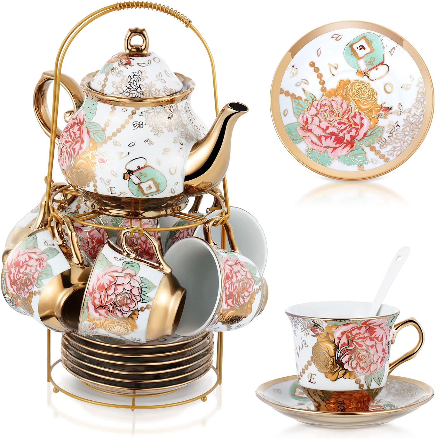 20 Pcs Porcelain Tea Set with Metal Holder Adult Ceramic Tea Party Set European Flower Tea Cup ...