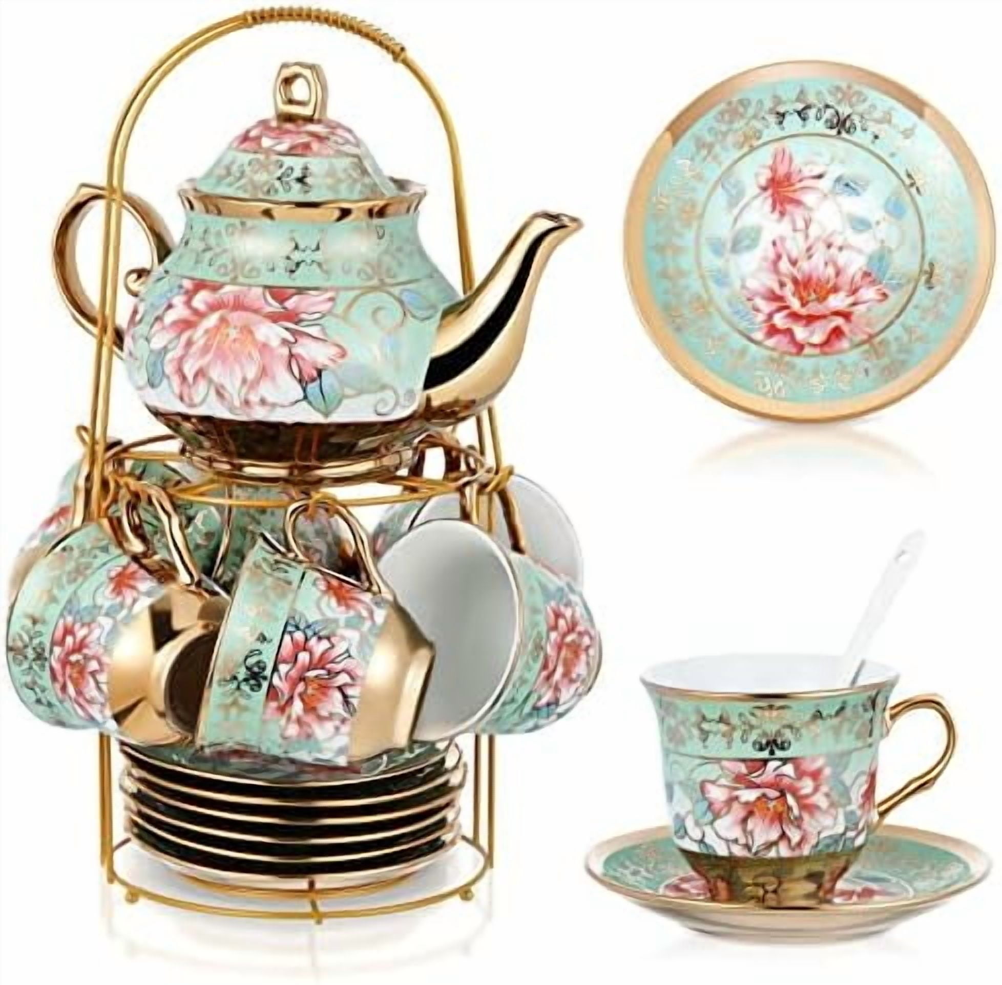 20 Pcs Porcelain Tea Set with Metal Holder and Spoon Adult Ceramic Tea ...