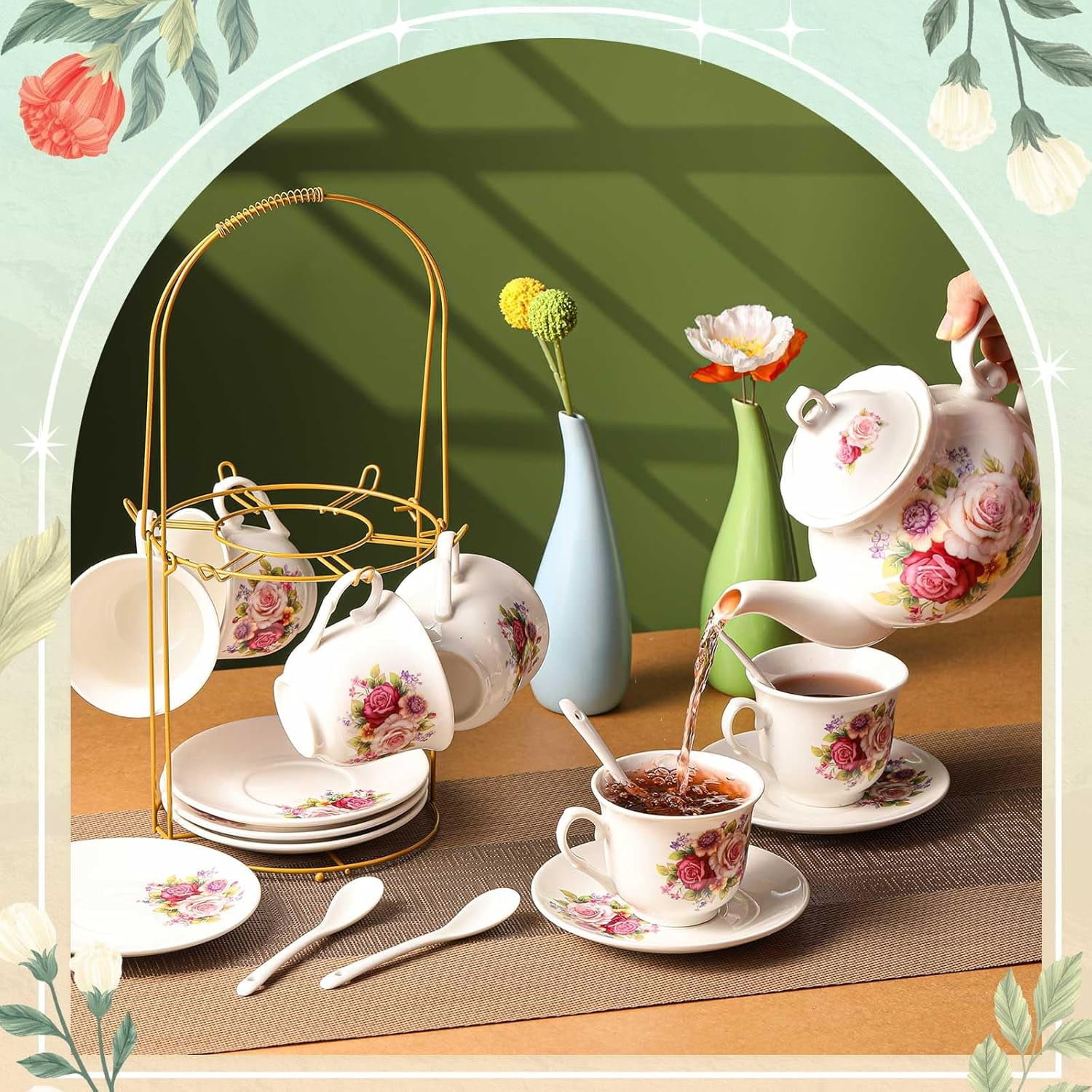 20 Pcs Porcelain Tea Set with Metal Holder and Spoon Adult Ceramic Tea ...