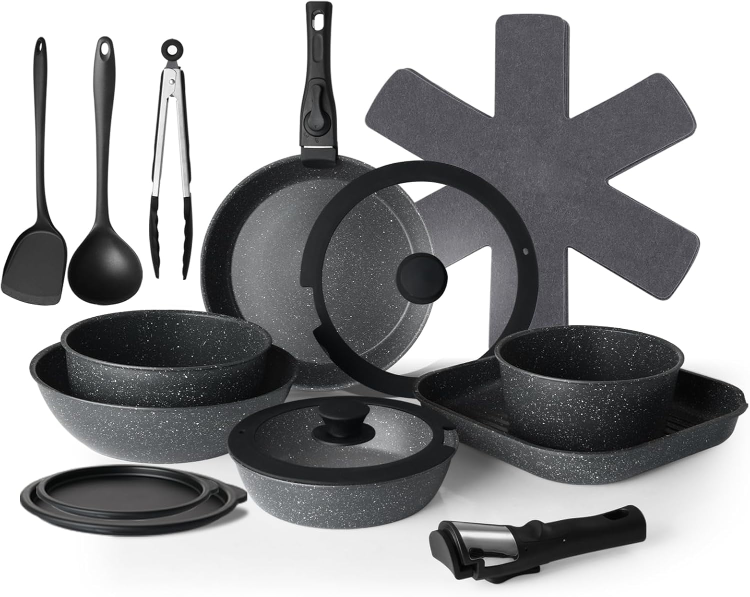 20 Pcs Pots and Pans Set Non Stick, Stackable Cookware Sets with Detachable Handle, Granite ...