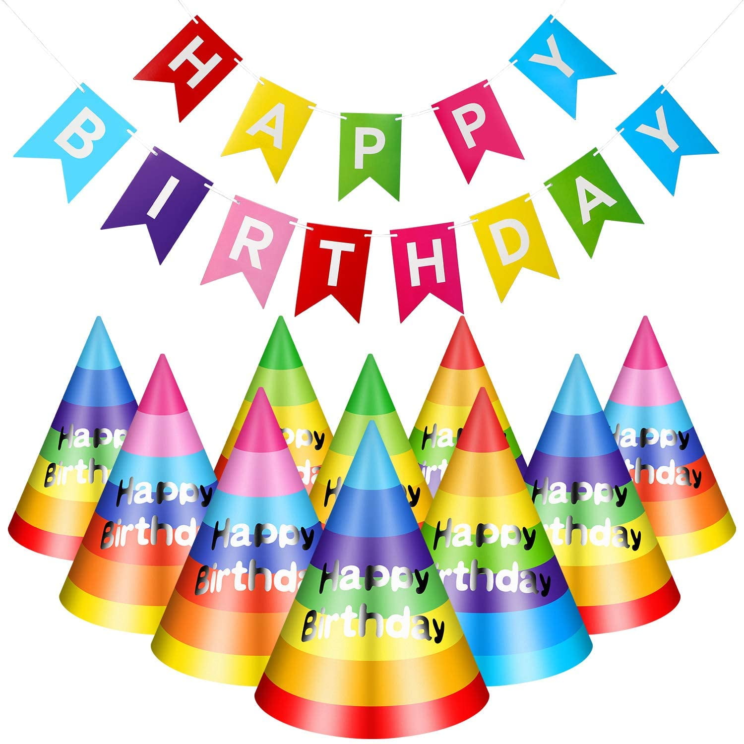 20 Pcs Rainbow Cone Hats with Happy Birthday Banner for Kids Adults ...