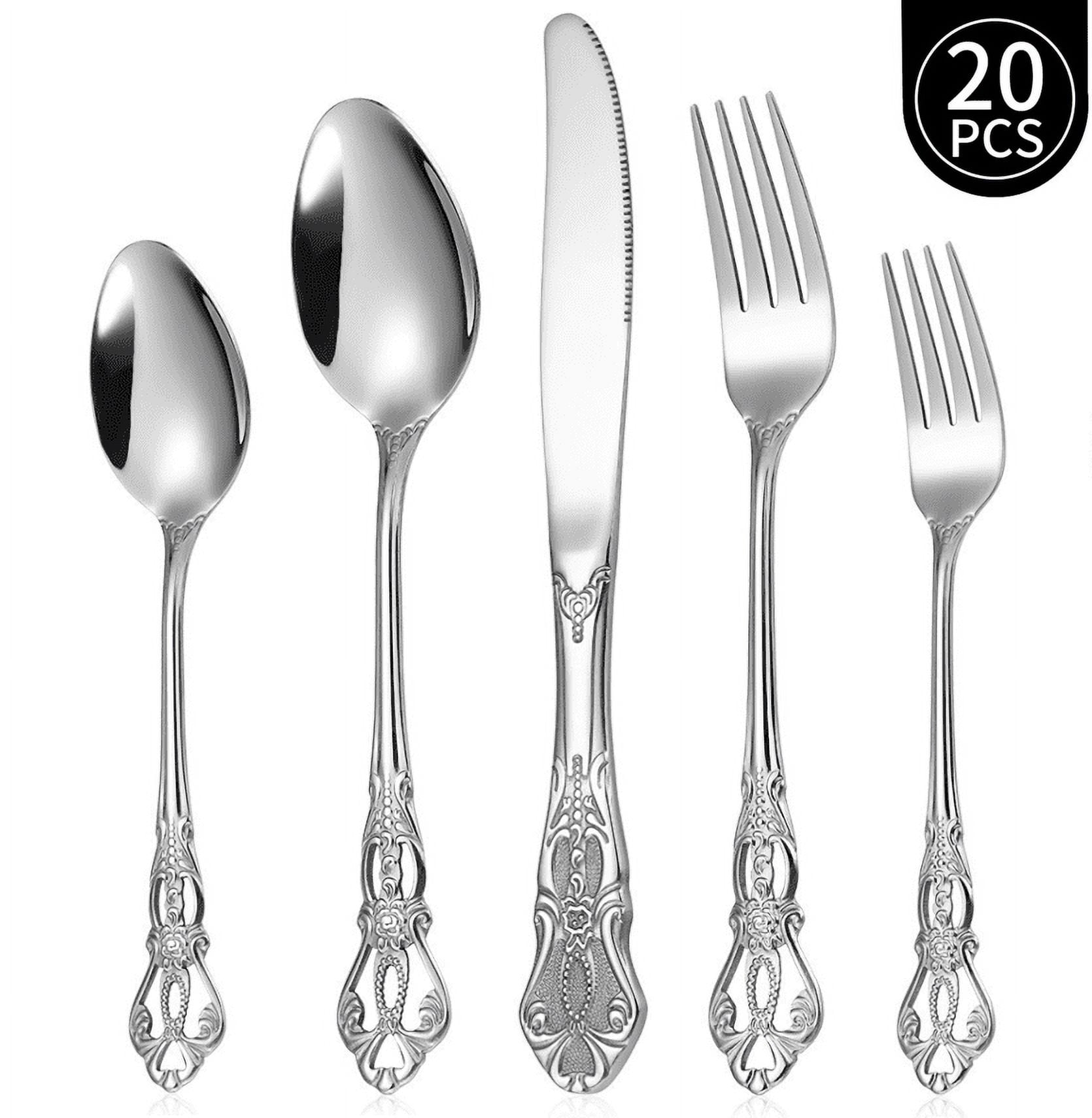 20 Pcs Retro Royal Silverware Set for 4,Gorgeous Silver Flatware Set ...