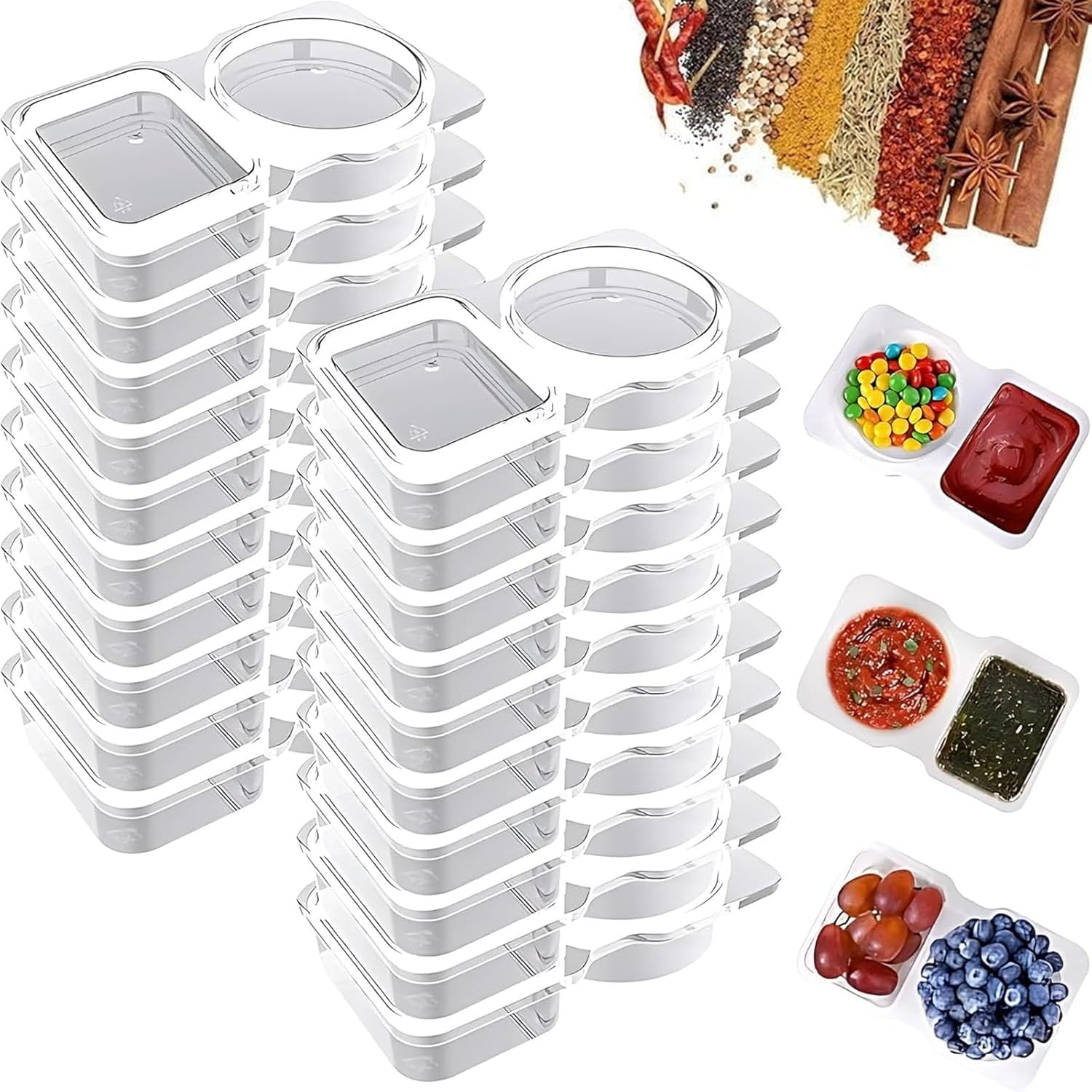 20 Pcs Reusable Snack Containers, 2-Compartment Dipping Containers With ...