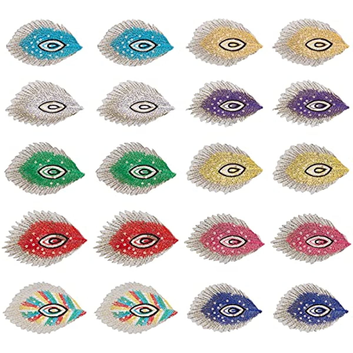 20 Pcs Sequin Peacock Feathers Small Applique 10 Colors Self Adhesive ...