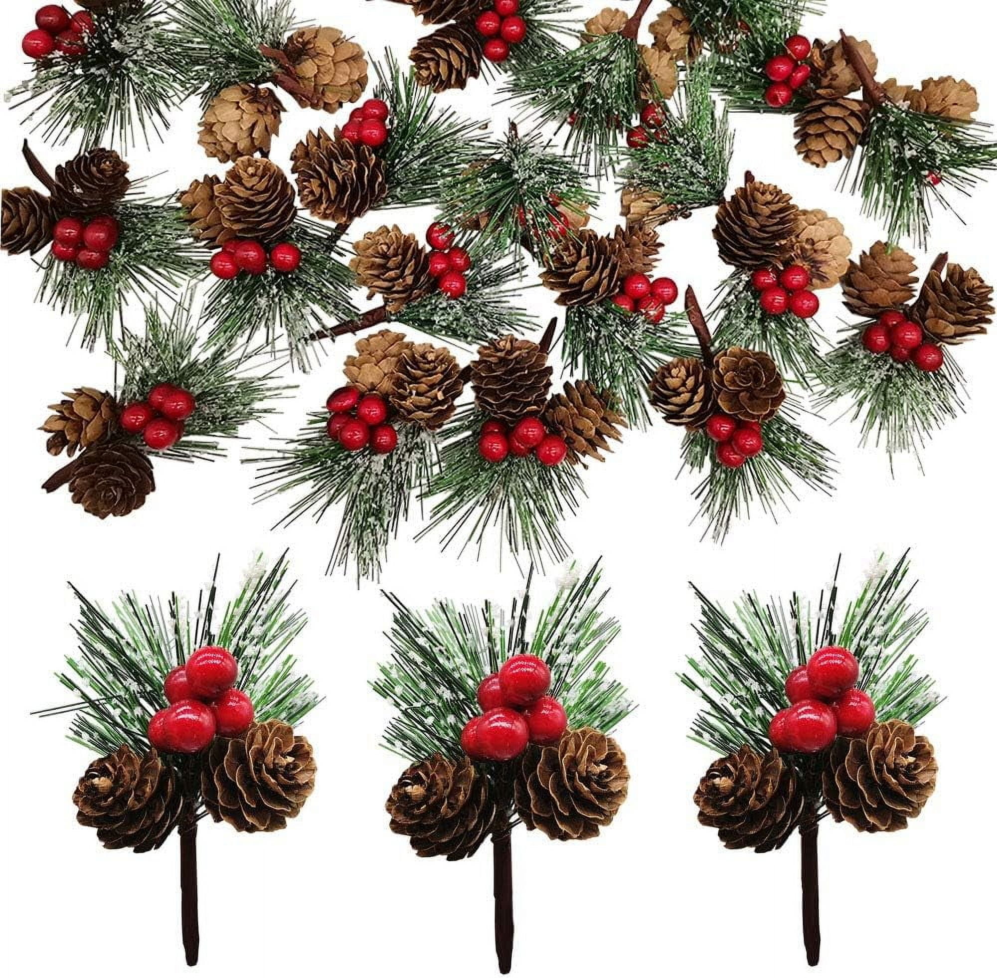20 Pcs Snow Covered Pine Needles Branches with Red Berry Stems Mini ...