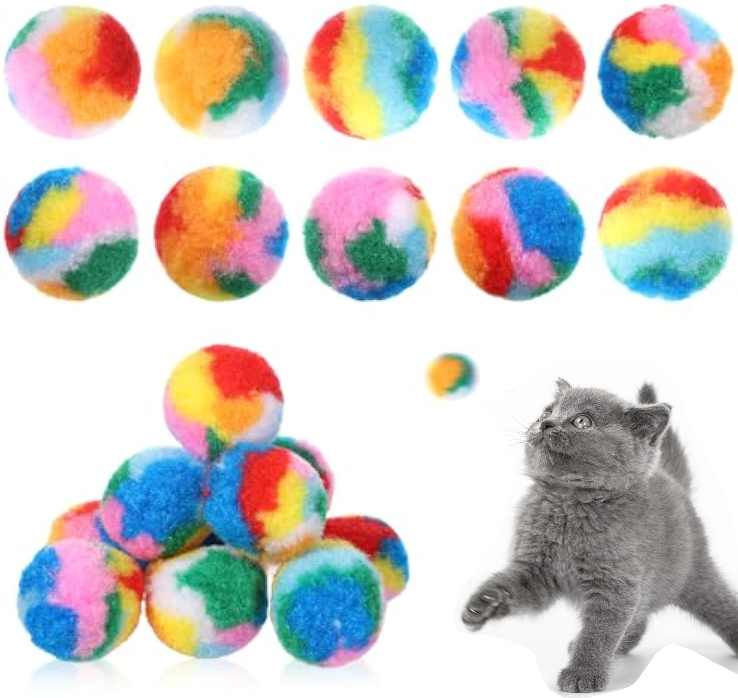 NOBRAND, 20 Pcs Soft Plush Cat Balls, 1.2 in, Colorful Rainbow ...