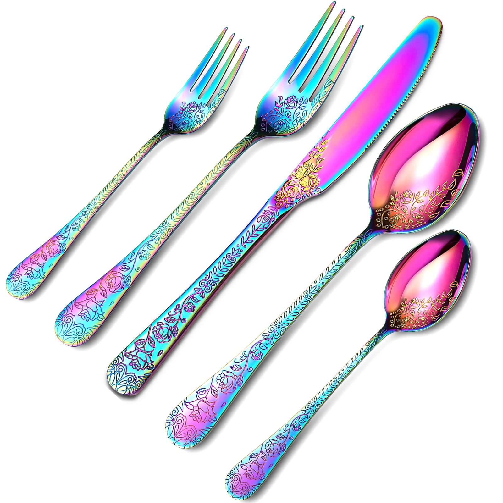 20 Pcs Stainless Steel Carved Silverware Set Rainbow Steak Knives ...
