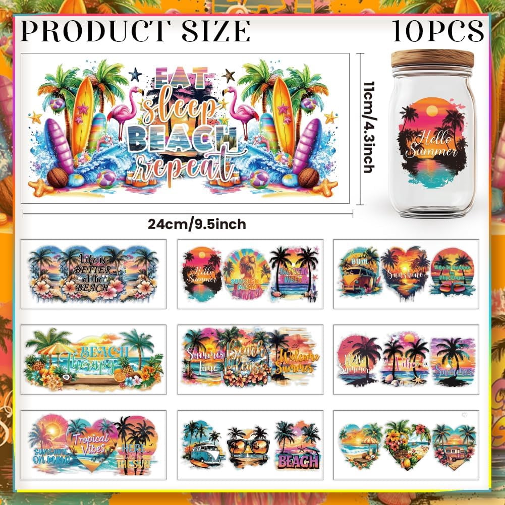 20 Pcs UV DTF Cup Wraps 10 Styles Summer Beach Decals Cartoon Rub on ...