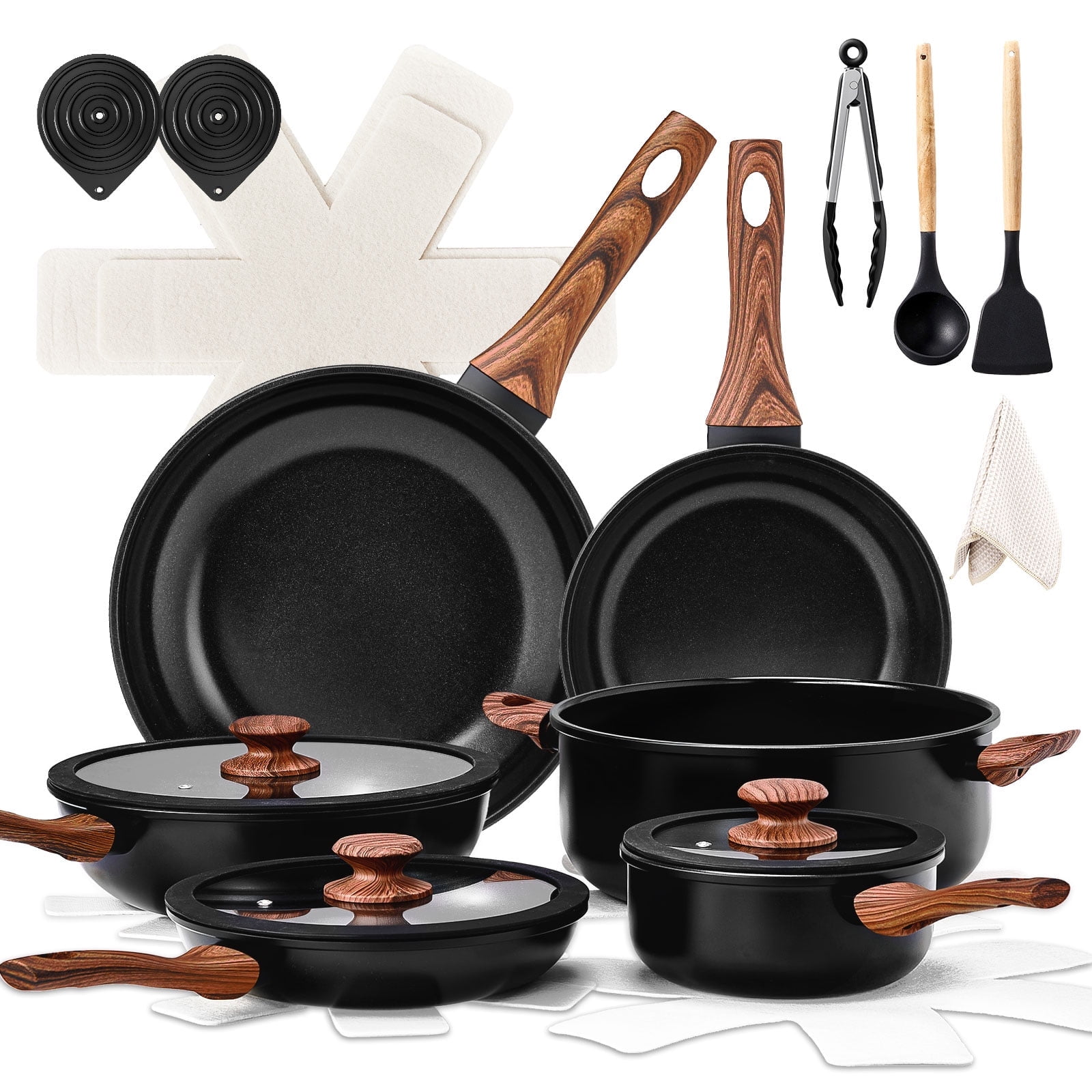 20-Piece Aluminum Cookware Set, Black Non-Stick Pots and Pans Set with ...
