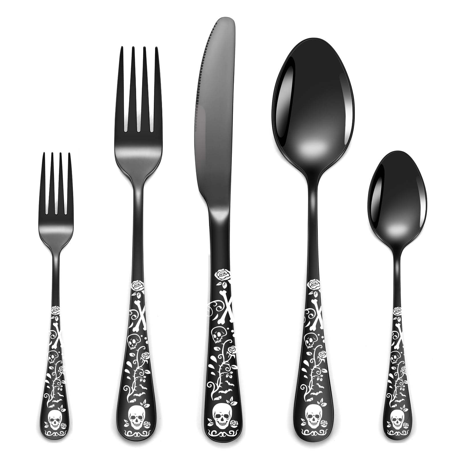 20-Piece Black Skull Silverware Set for 4, Flatware Set Stainless Steel ...