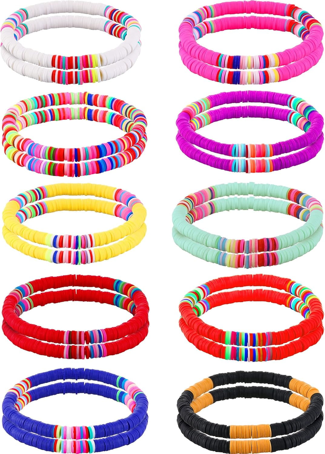 20-Piece Colorful Heishi Surfer Bracelet Set - Rainbow Clay Disc Beaded Stretch Layering Elastic ...