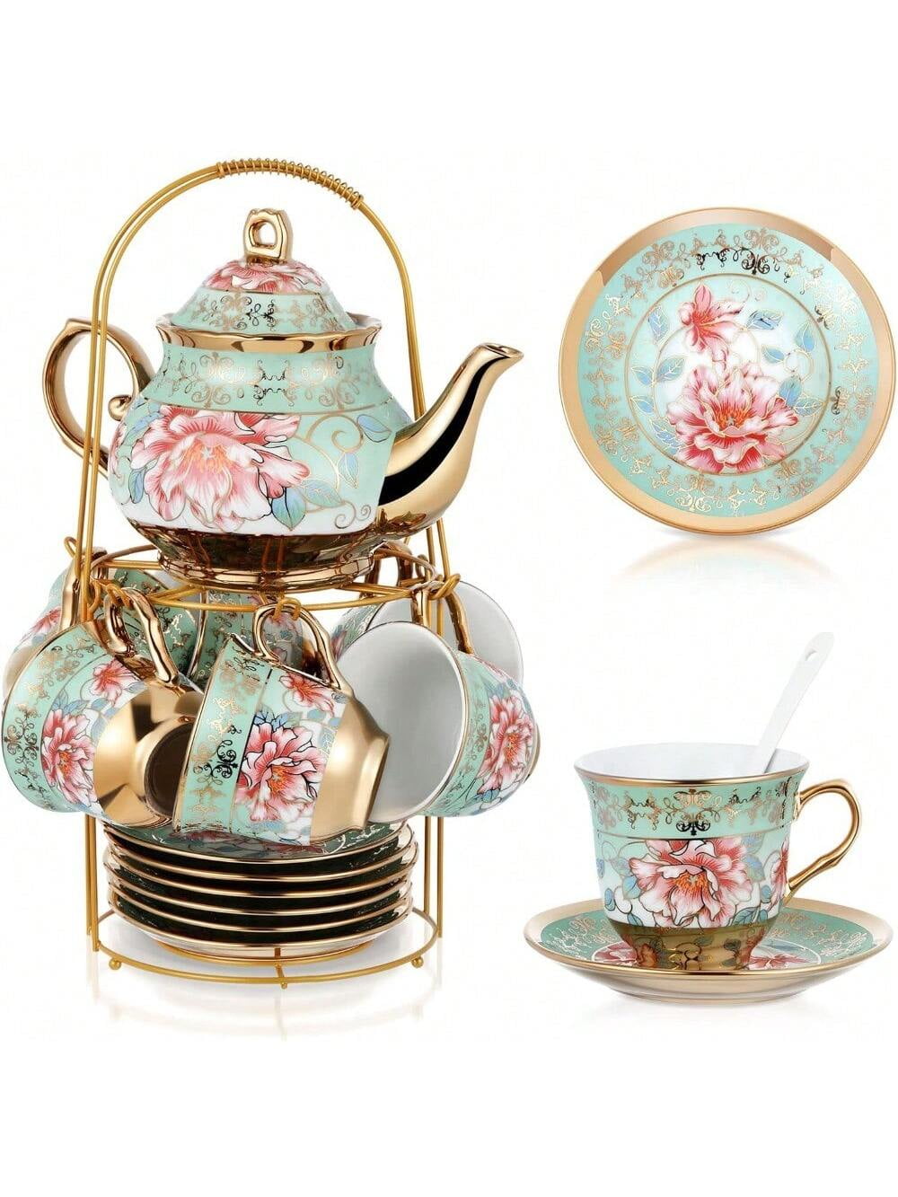 "20-Piece European Floral Porcelain Tea Set - Teapot, Cups & Saucers ...