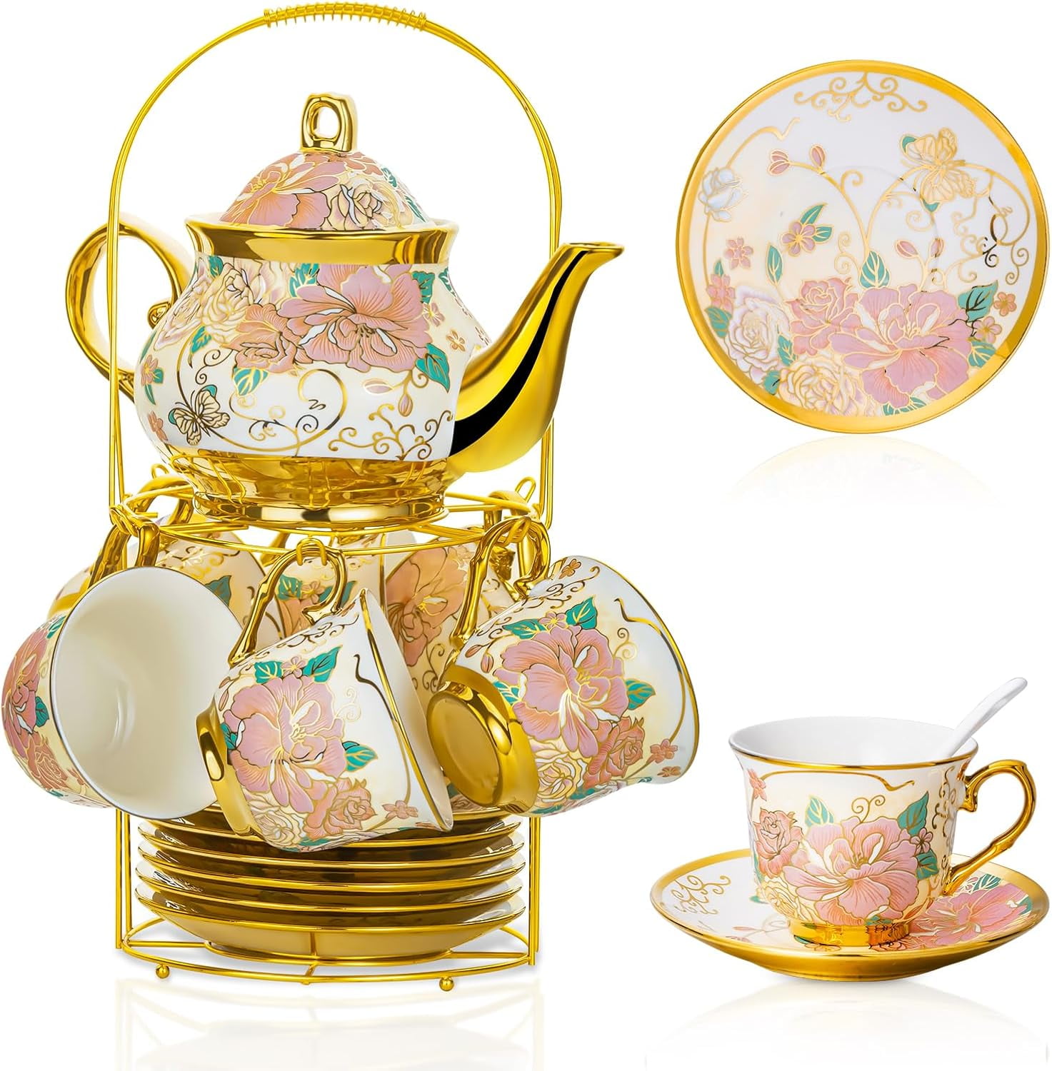 20-Piece European Floral Porcelain Tea Set with Decorative Metal Stand ...