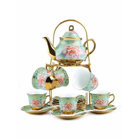 20-Piece European Floral Porcelain Tea Set with Metal Stand & Gold ...