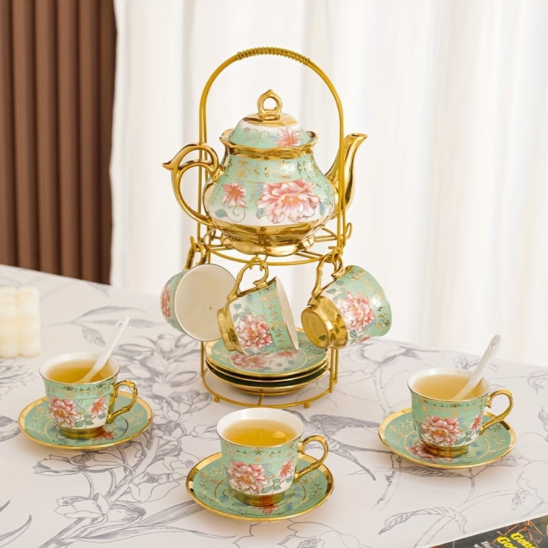 20-Piece Floral Ceramic Tea Set with Metal Holder - Blooming Afternoon ...