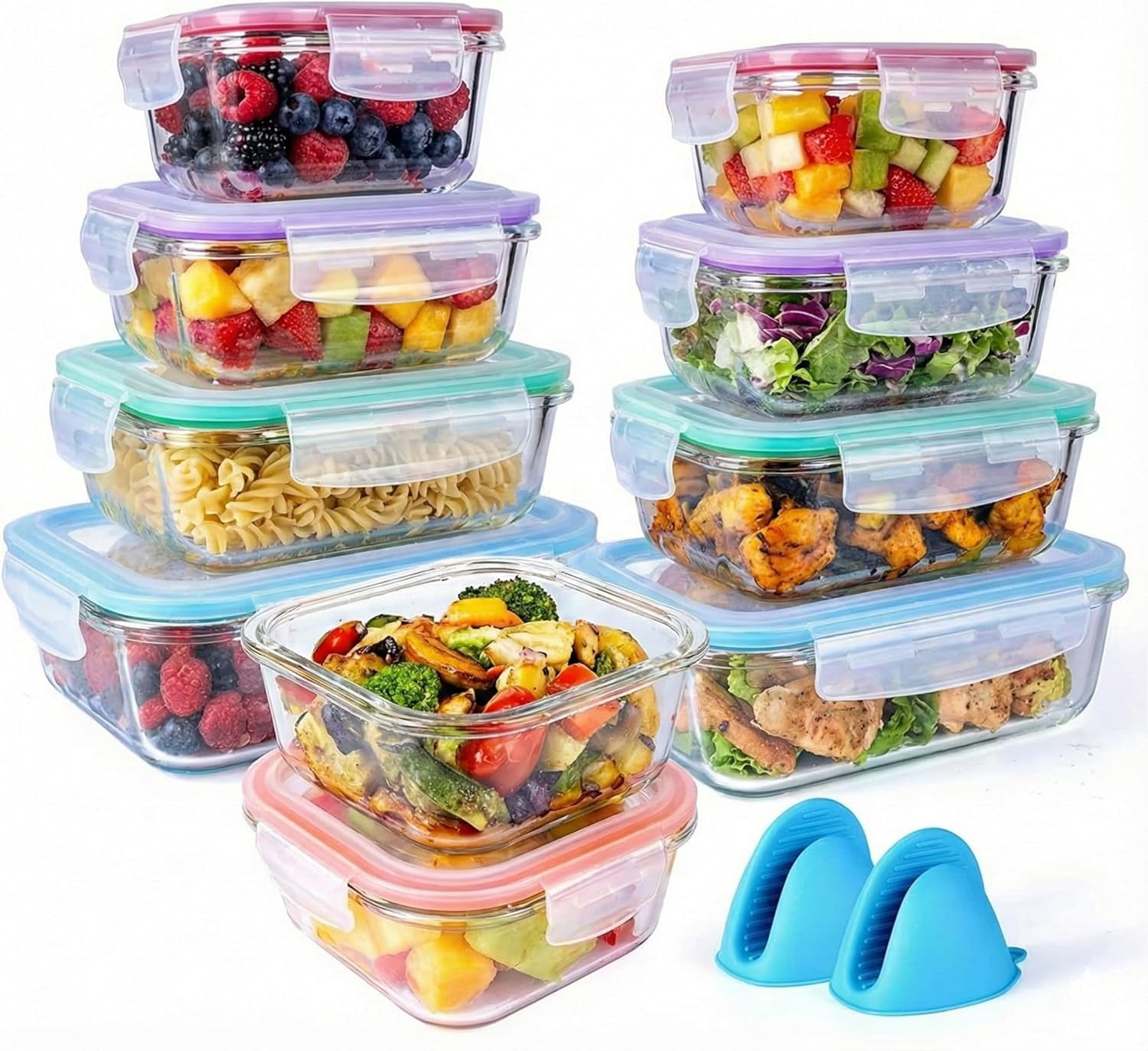 20-Piece Glass Food Storage Container Set With Snap Lock Lids Airtight ...