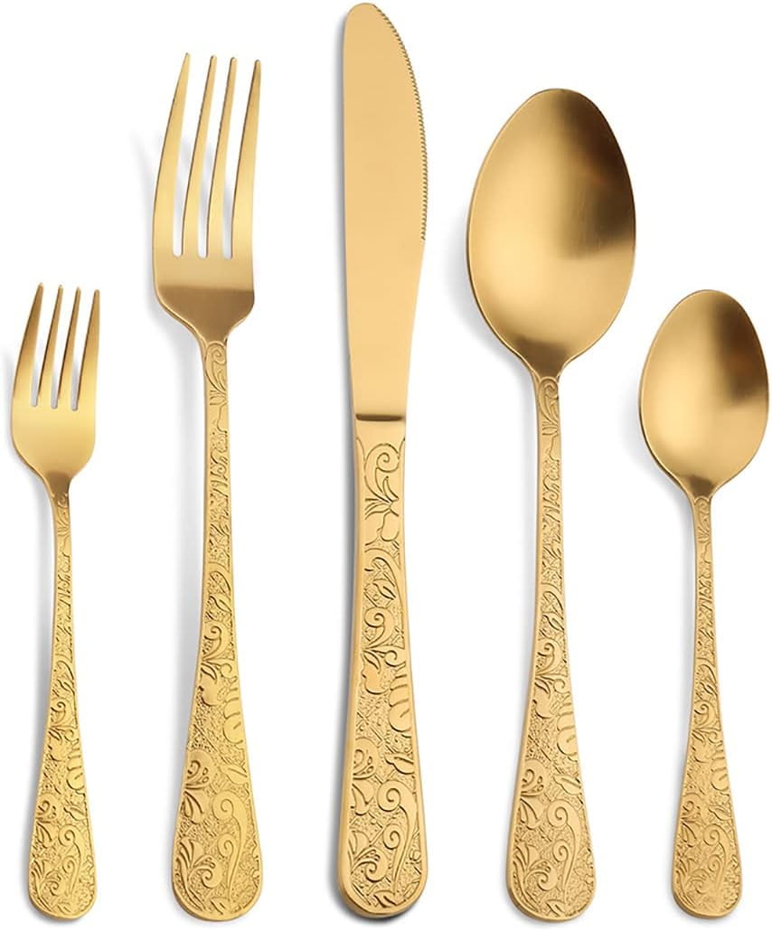 20-Piece Gold Silverware Set for 4 Stainless Stee Flatware Eating ...