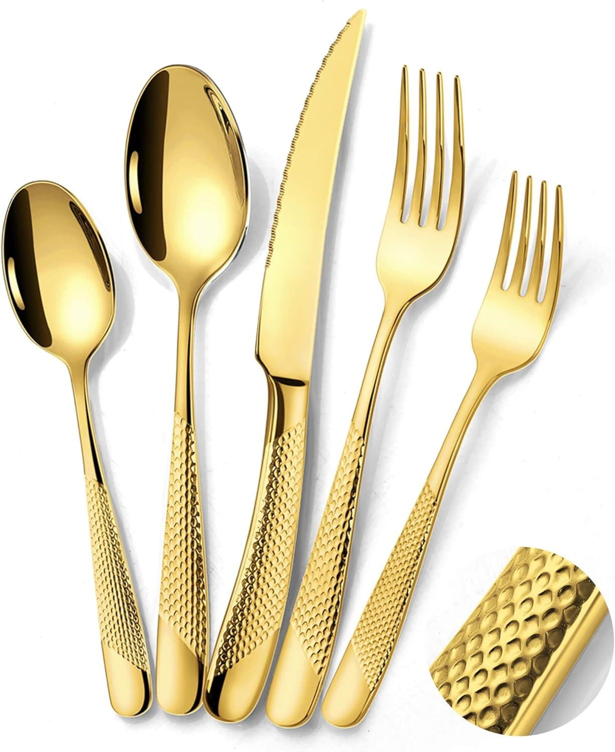20-Piece Hammered Gold Silverware Set for 4 with Serrated Forging ...