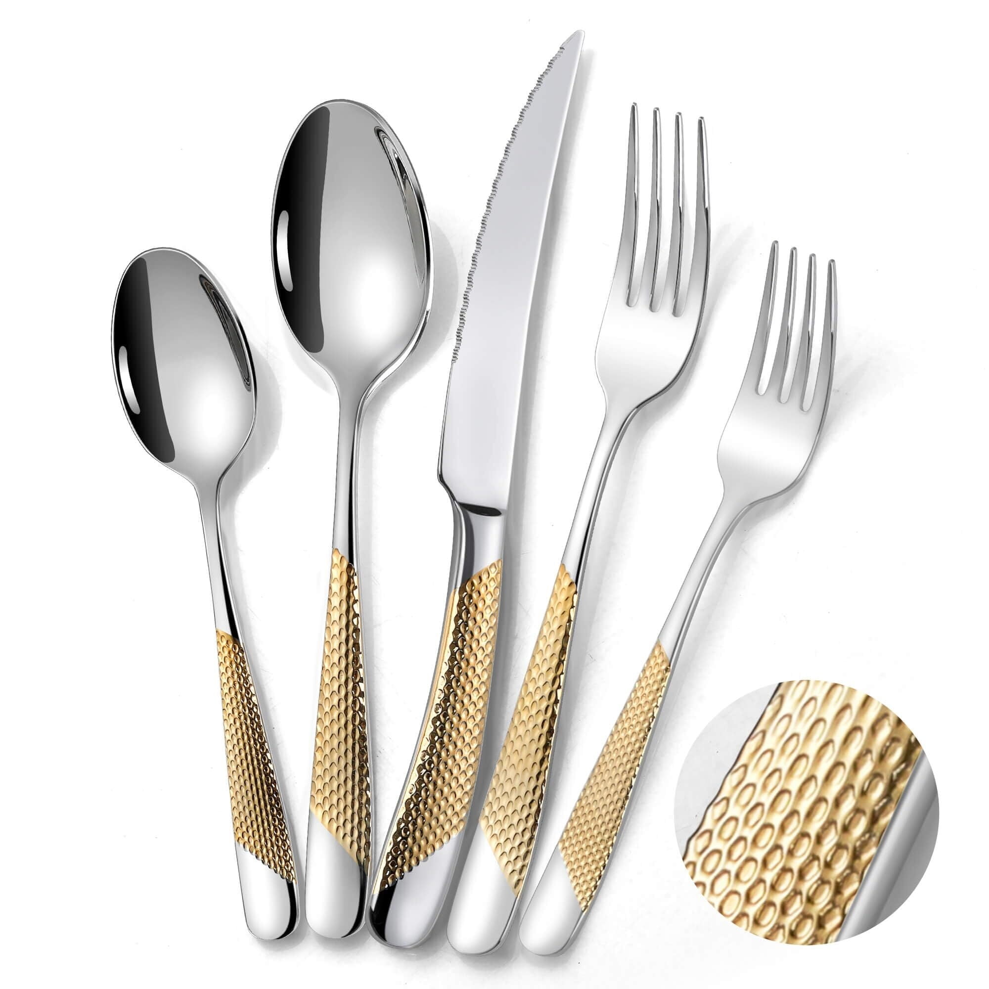 20-Piece Hammered Gold Silverware Set with Serrated Forging Knives,18/ ...