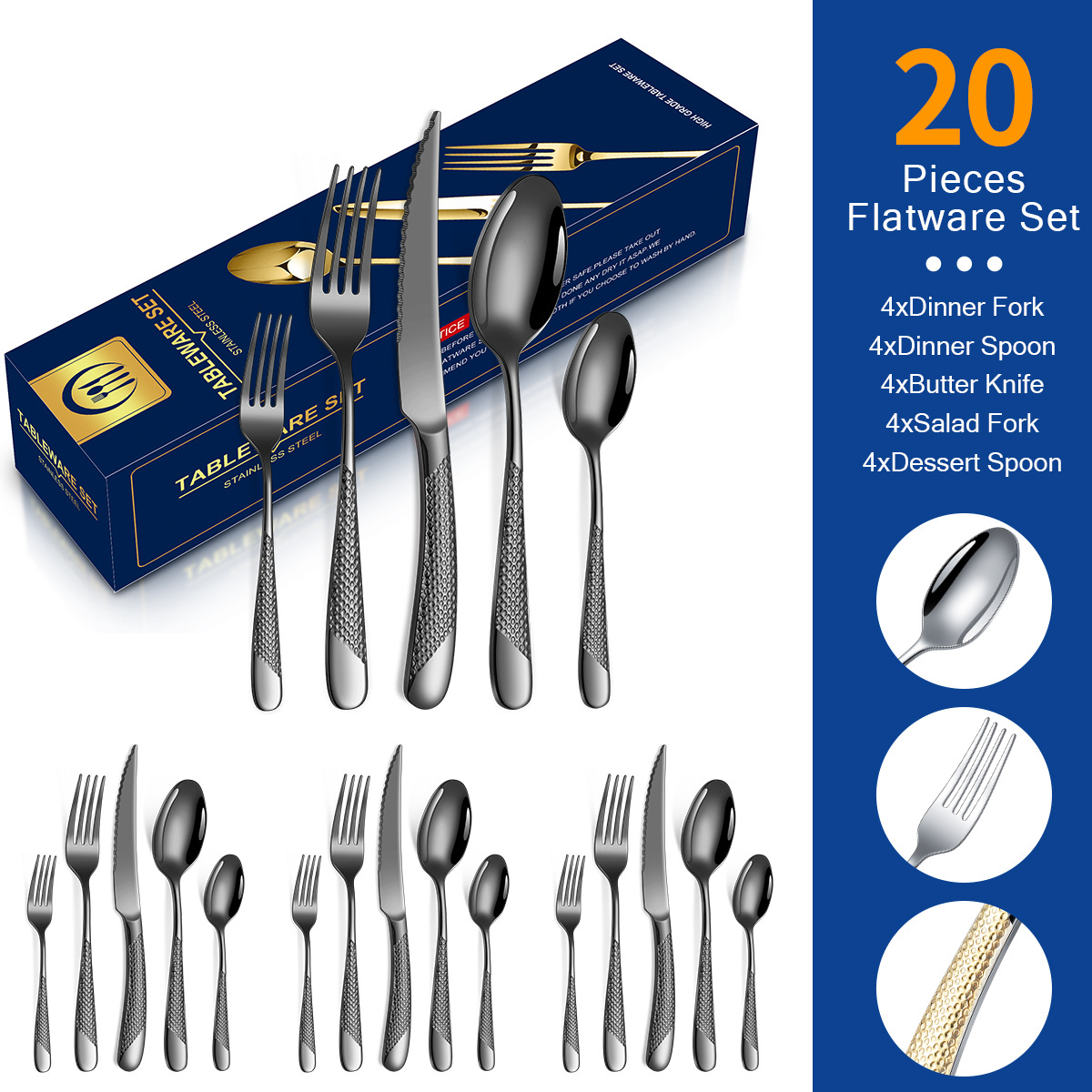 20-Piece Hammered Silverware Set, Gilded Stainless Steel Flatware Set ...