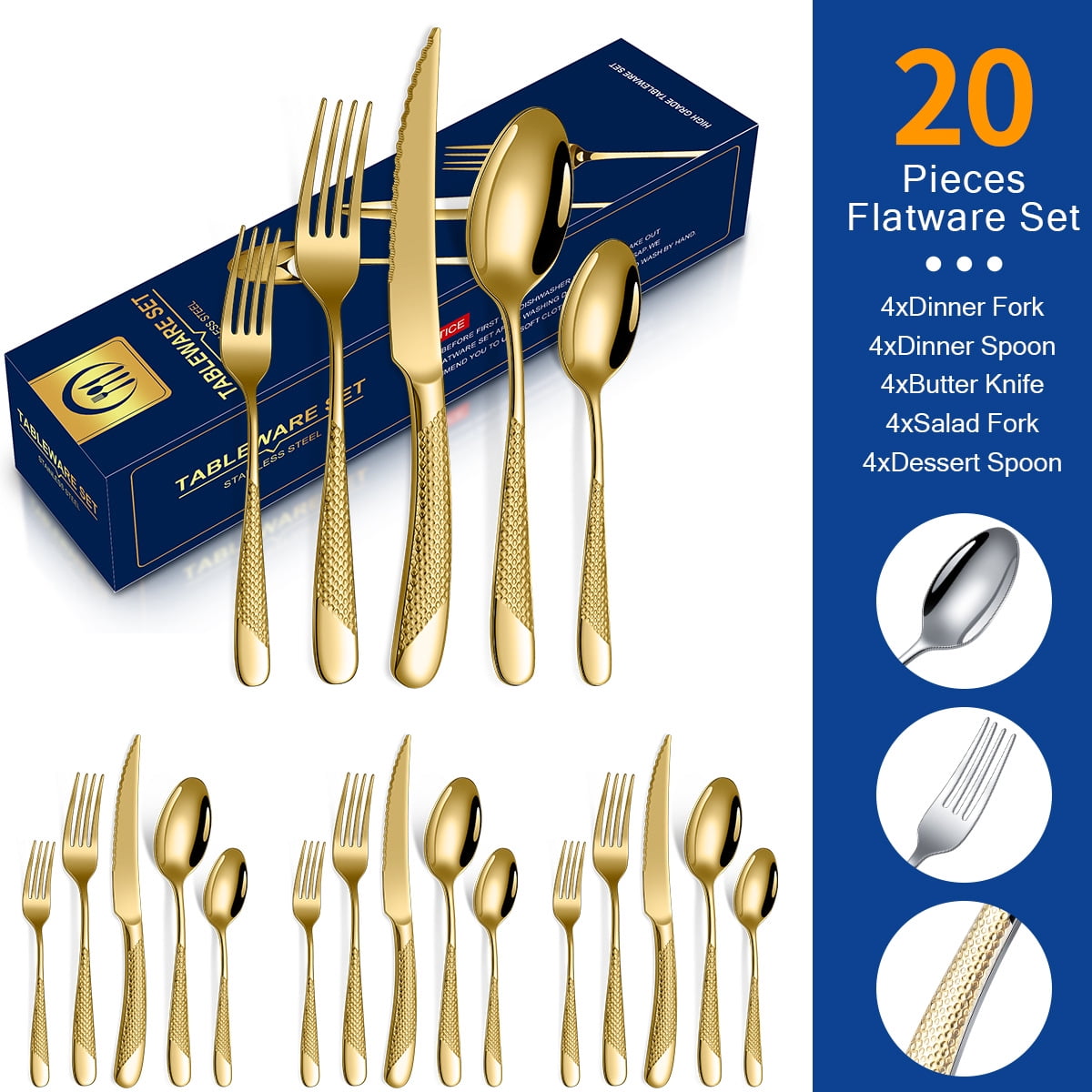 20-Piece Hammered Silverware Set, Gilded Stainless Steel Flatware Set ...