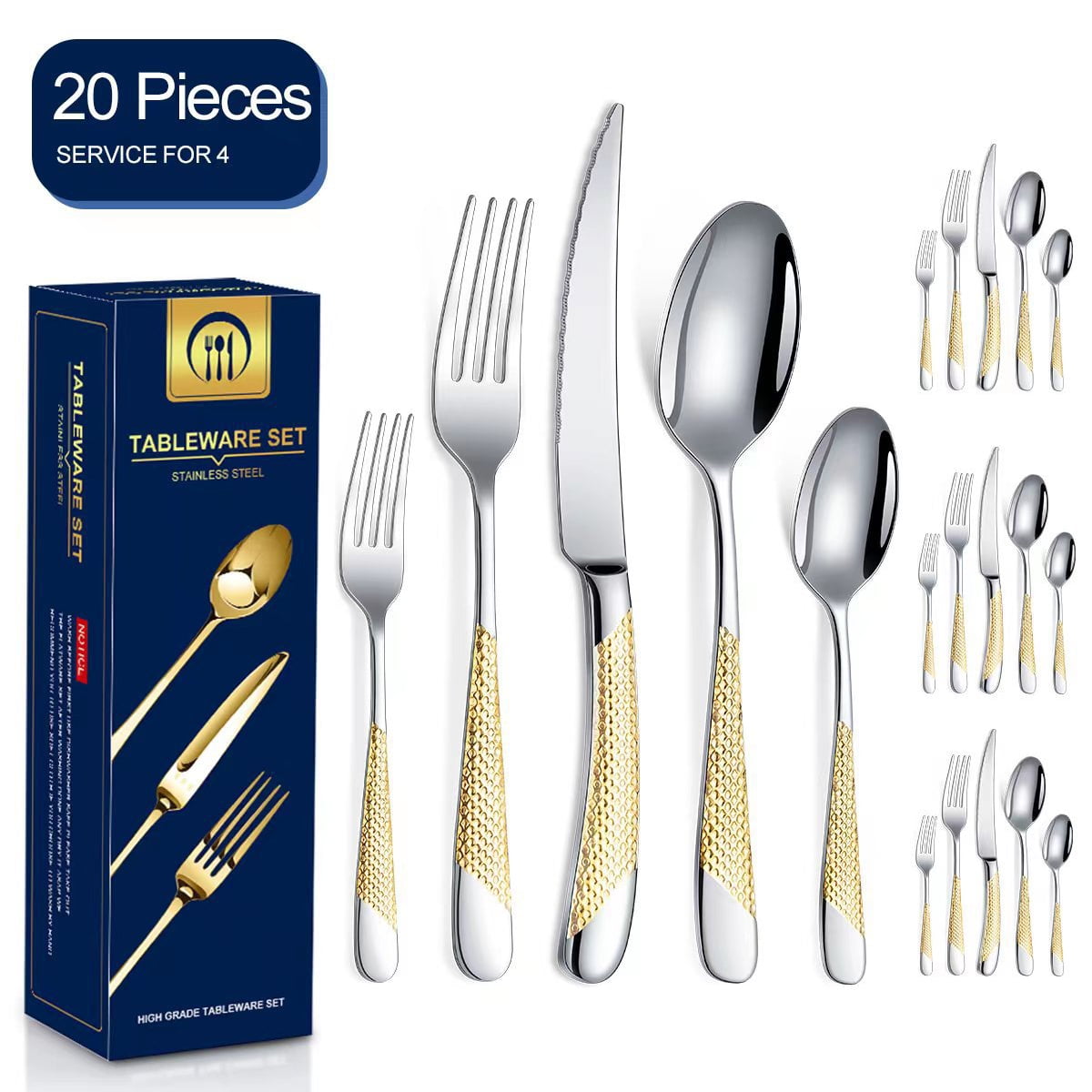 20-Piece Hammered Silverware Set, Gilded Stainless Steel Flatware Set ...