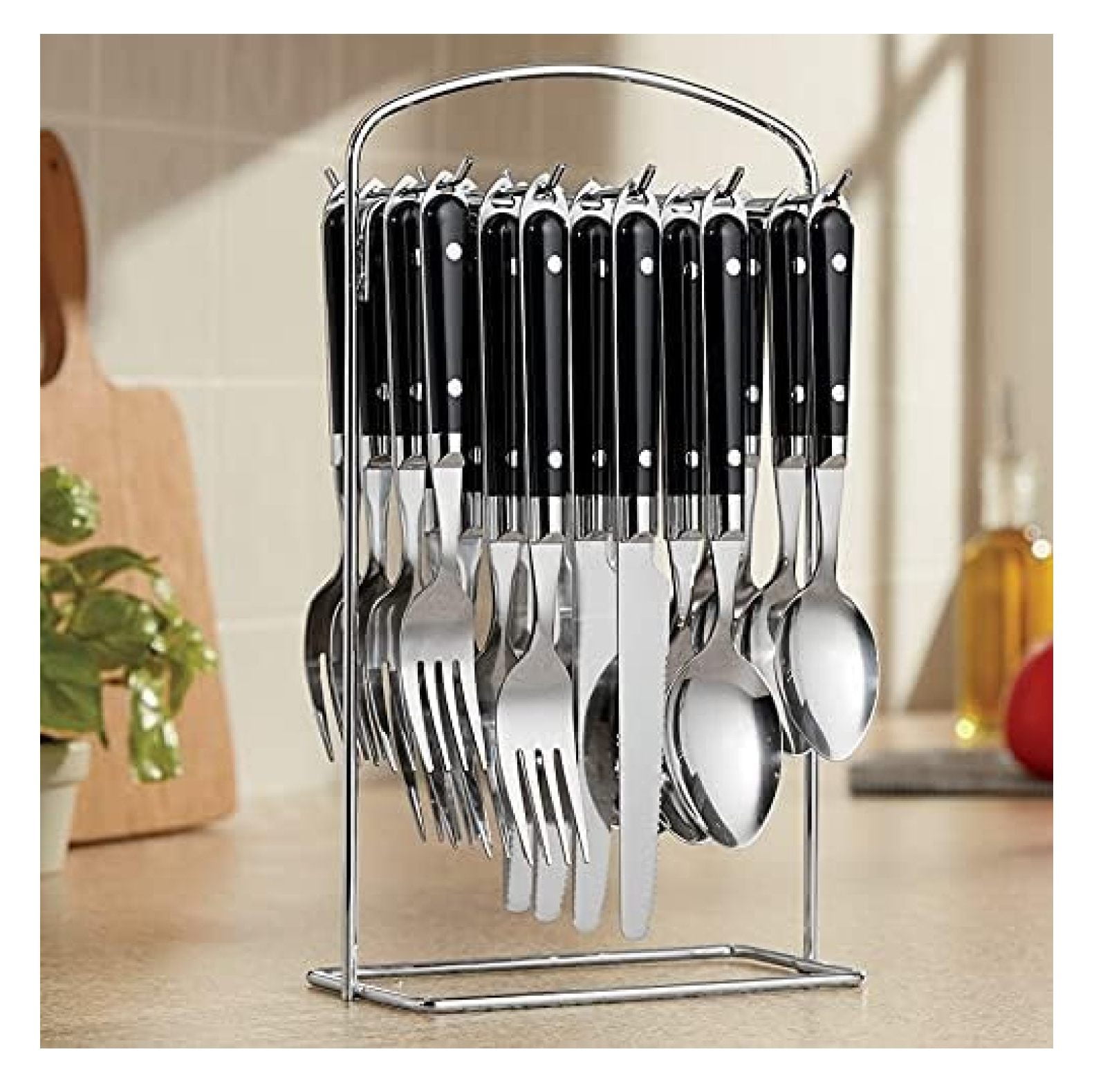 20-Piece Hanging Flatware Set with Rack, Black - Stainless Steel ...