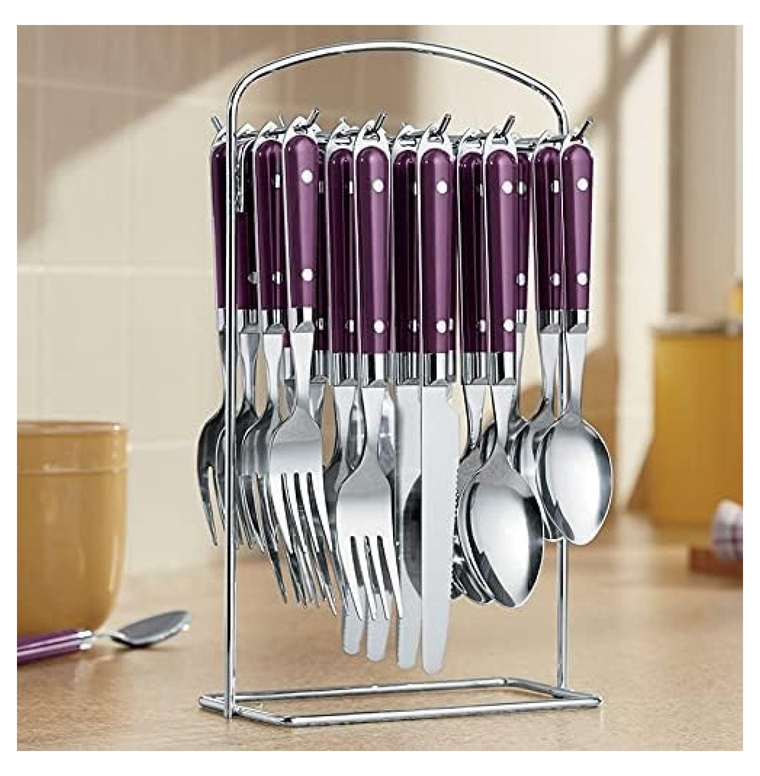 20-Piece Hanging Flatware Set with Rack, Purple - Stainless Steel ...