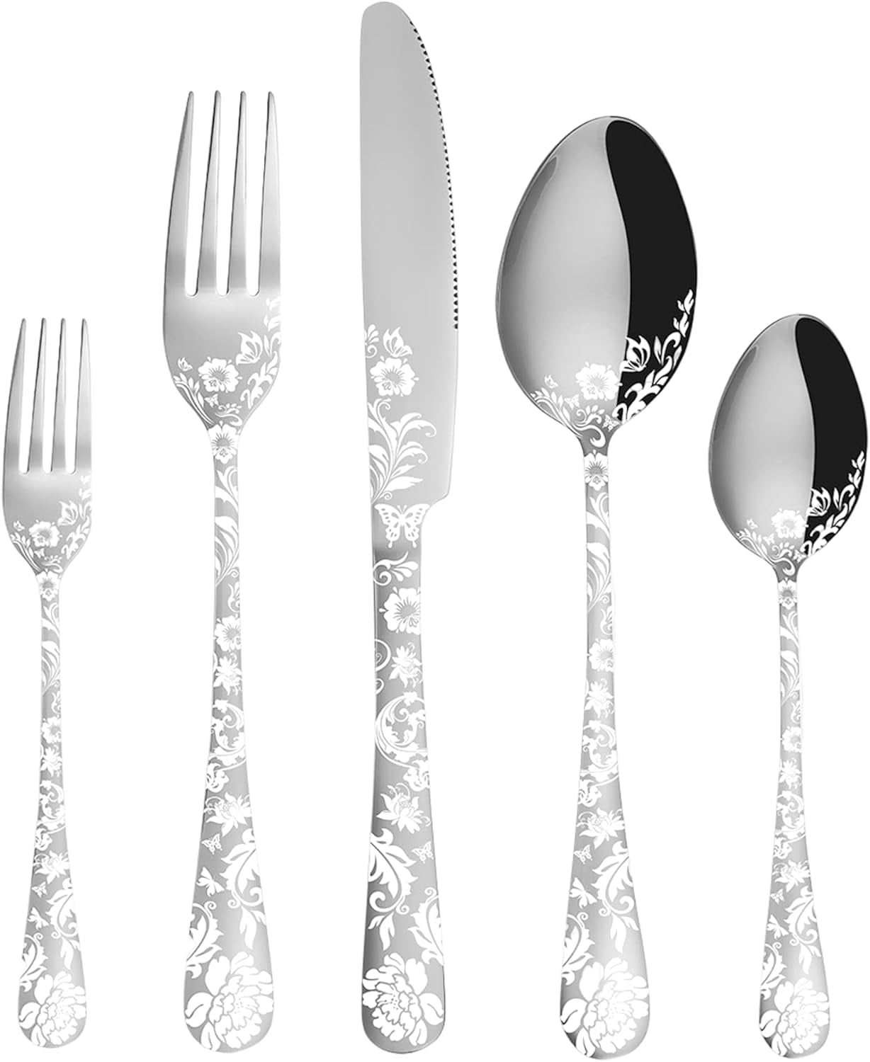 20 Piece Peony Flower Pattern Design Silverware Set, Stainless Steel ...