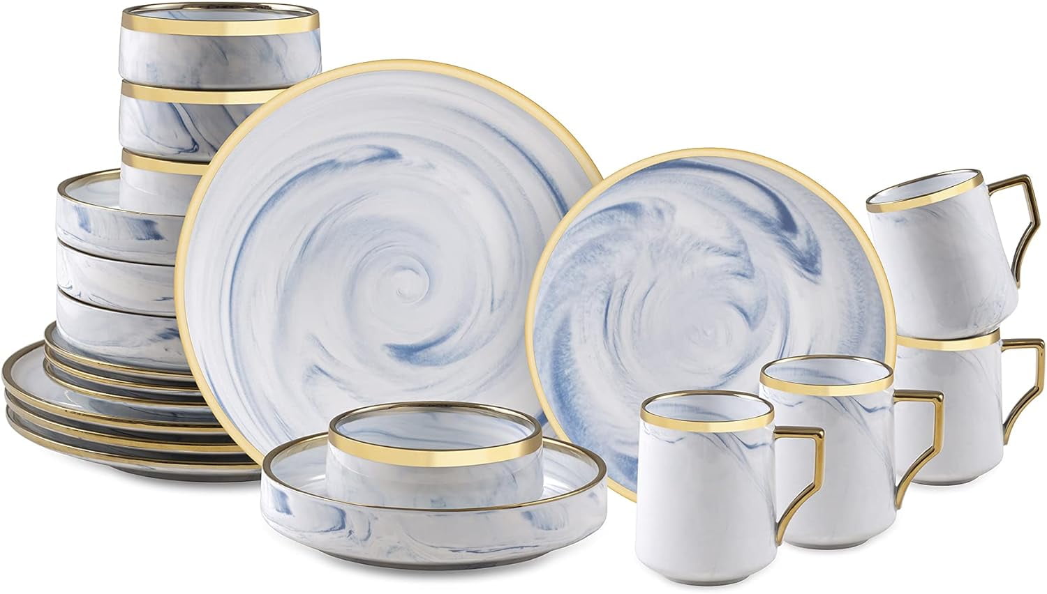 20 Piece Plates and Bowls Sets, Fine China Artisan Marbled Dinner Set ...
