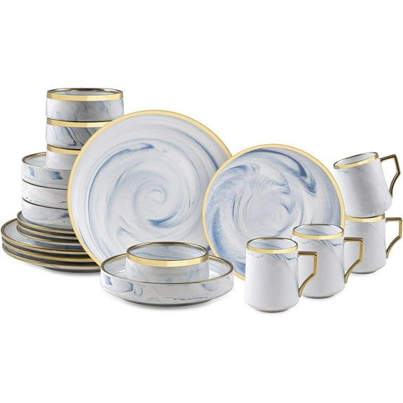 20 Piece Plates and Bowls Sets, Fine China Artisan Marbled Dinner Set ...