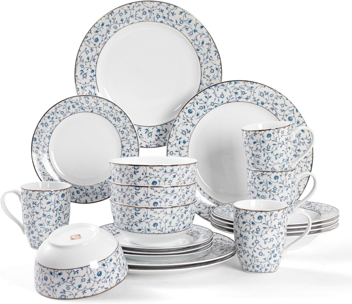 20 Piece Porcelain Dinnerware Set, Elegant Plates and Bowls with Silver ...