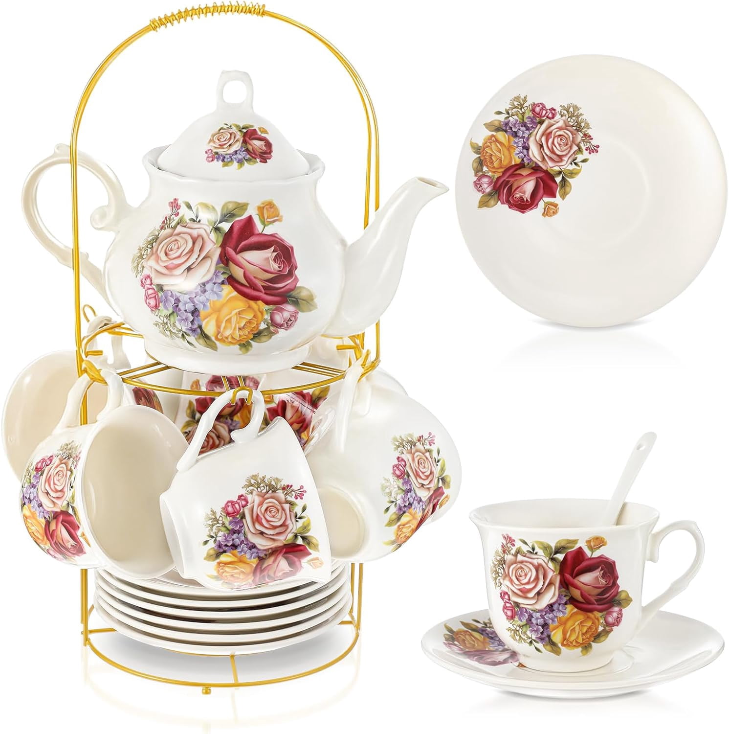 20 Piece Porcelain Tea Set with Metal Holder and Spoon Teapot Cup ...
