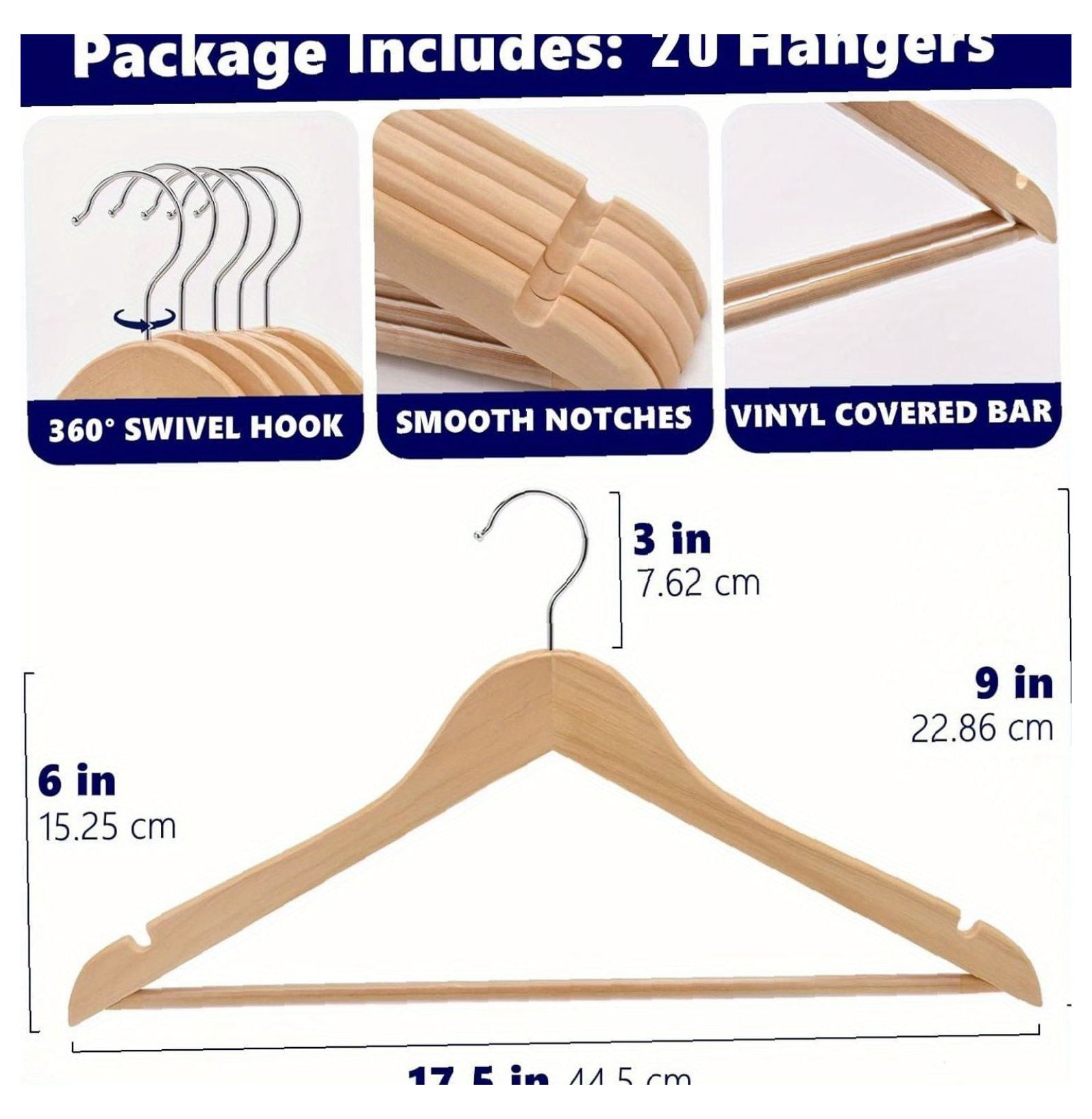 20 - Piece Set of Natural - Colored Premium Wooden Hangers: Slim Build ...