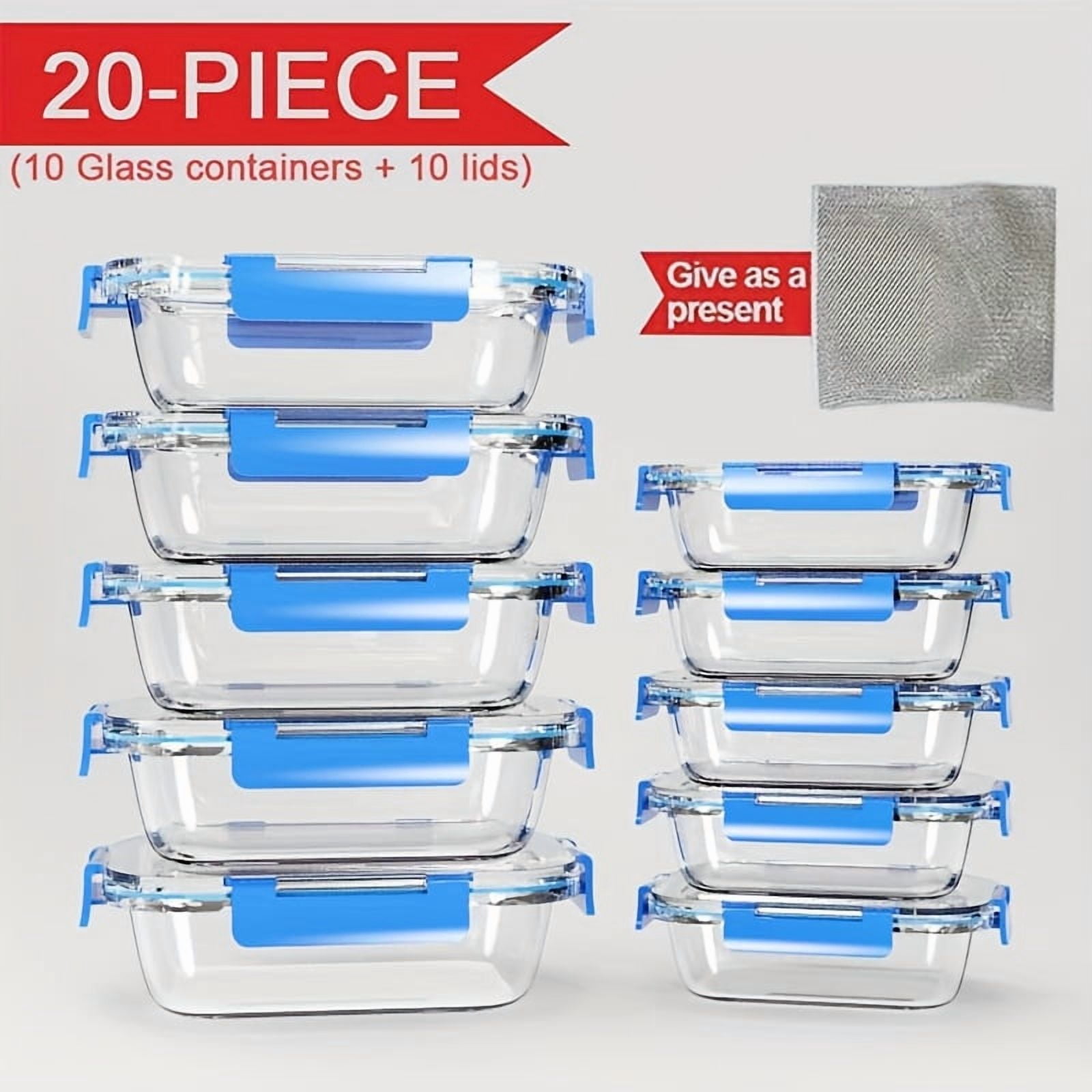 20-Piece Stackable Glass Food Containers - 10 Airtight Lids Microwave ...
