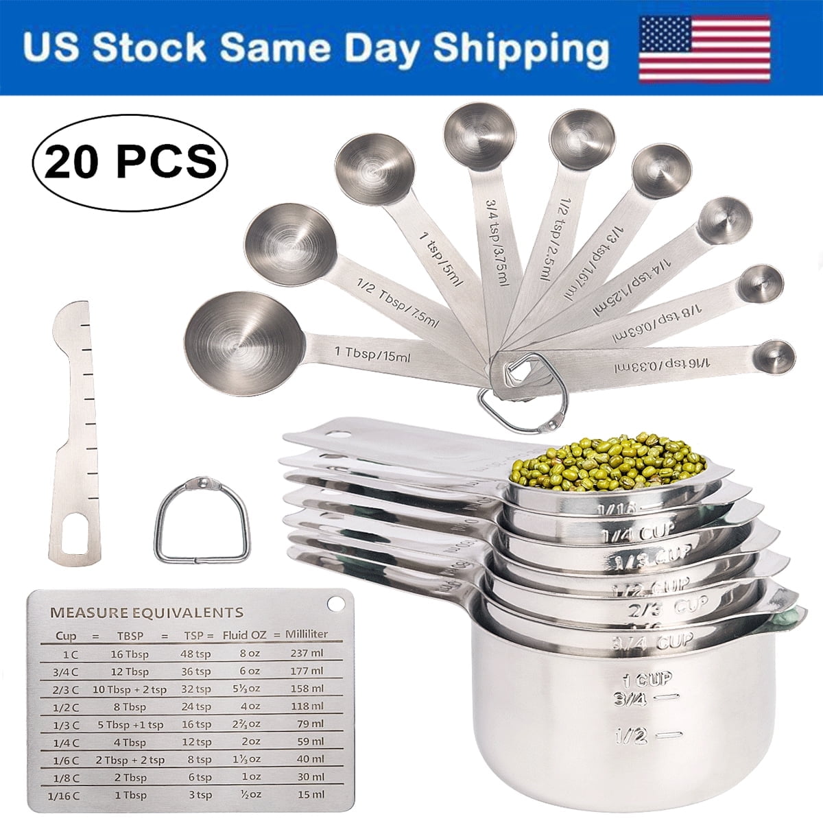Walmart 20pc Stainless Steel Measuring Set, Dishwasher Safe, Kitchen ...