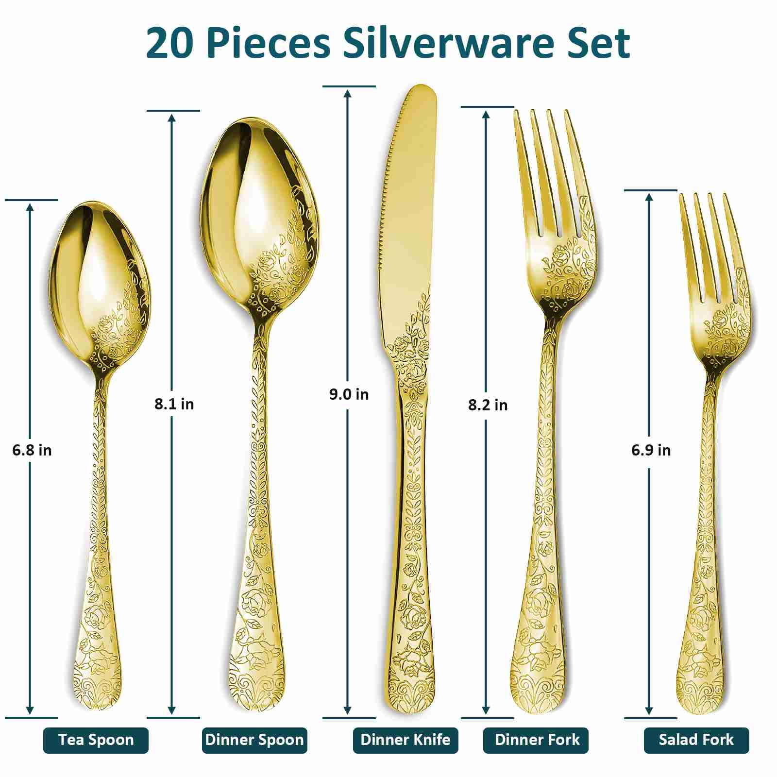 20 Pieces 20-Piece Silverware Set with Gold Handles - Walmart.com