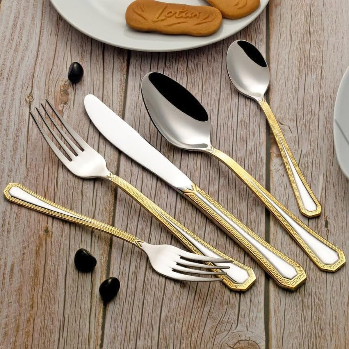 20-Pieces Cutlery Set - Greek Key Gold Flatware Service for 4, 18/10 ...