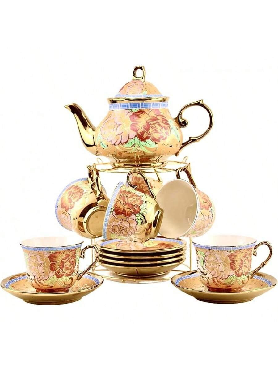 20 Pieces Porcelain Tea Set With Metal Holder, European Ceramic Tea Set ...
