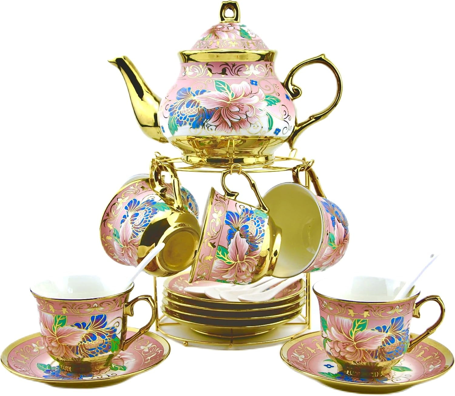 20 Pieces Porcelain Tea Set With Metal Holder, European Ceramic tea set ...