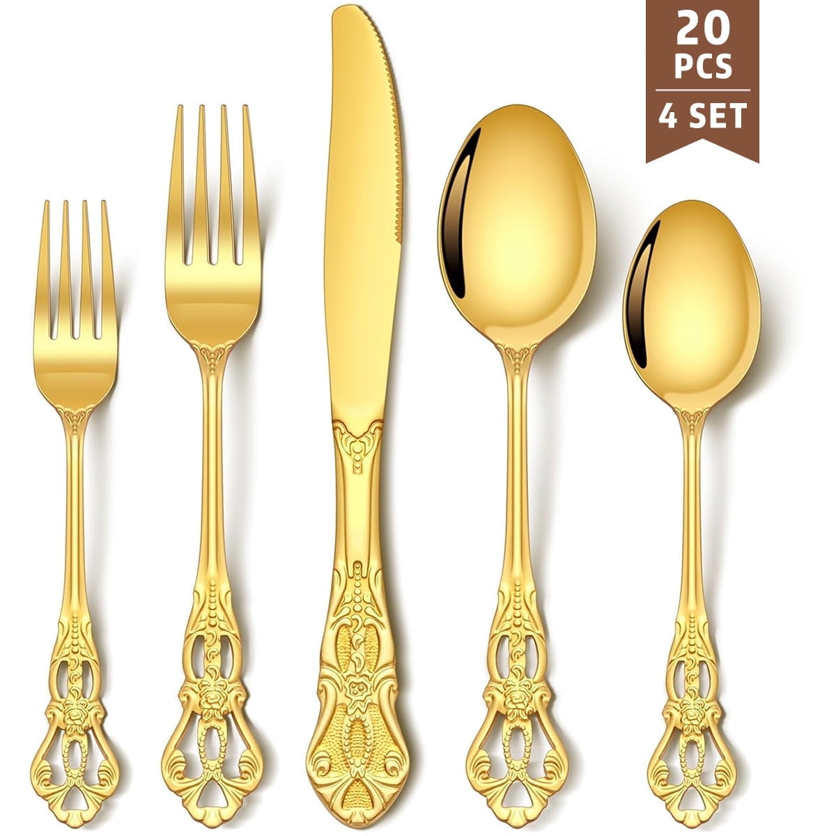 20-Pieces Silverware Set, Retro Royal Flatware Set for 4, Stainless ...