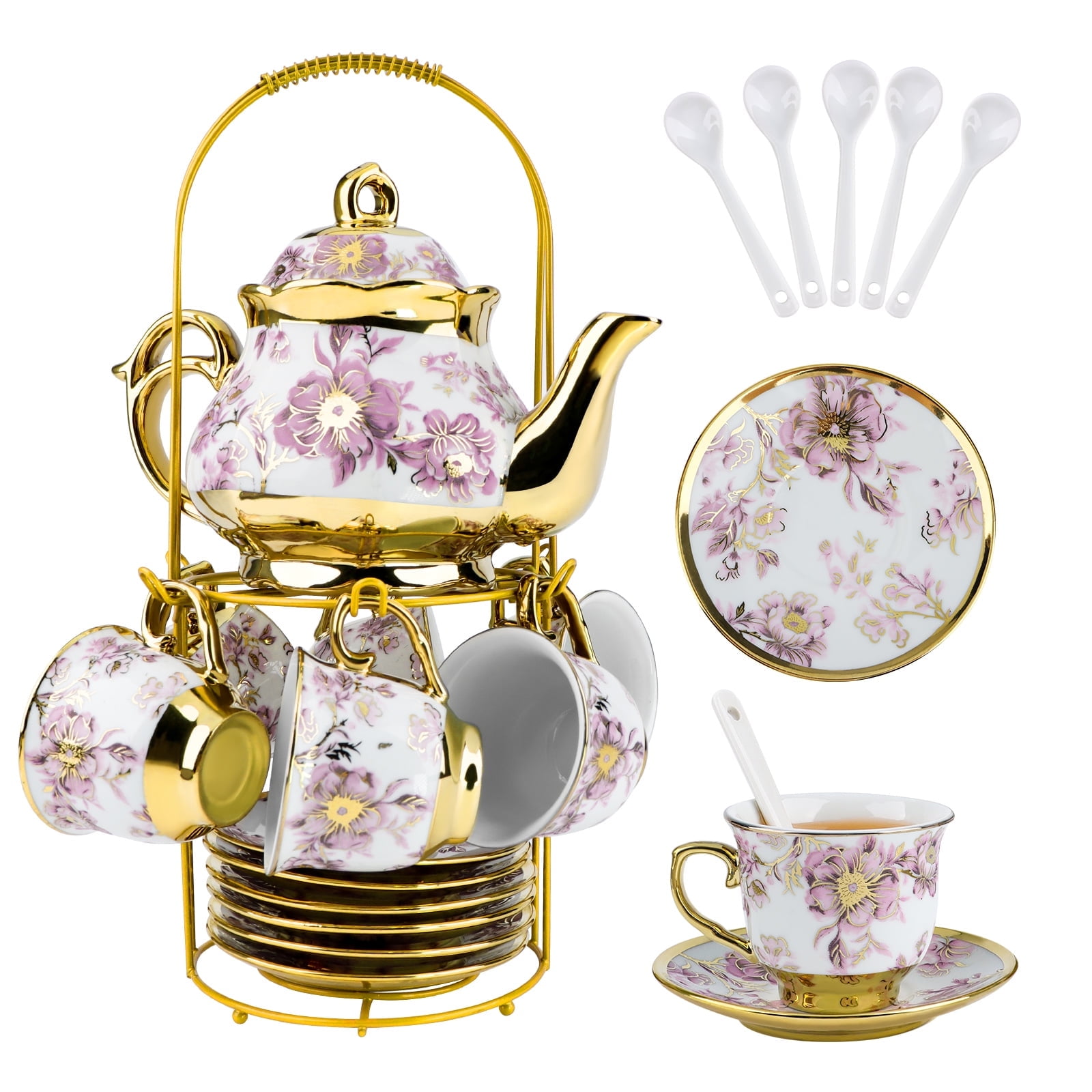 20 Pieces Tea Service Set with Ceramic Teapot, Tea Cup, Saucer, Tea ...