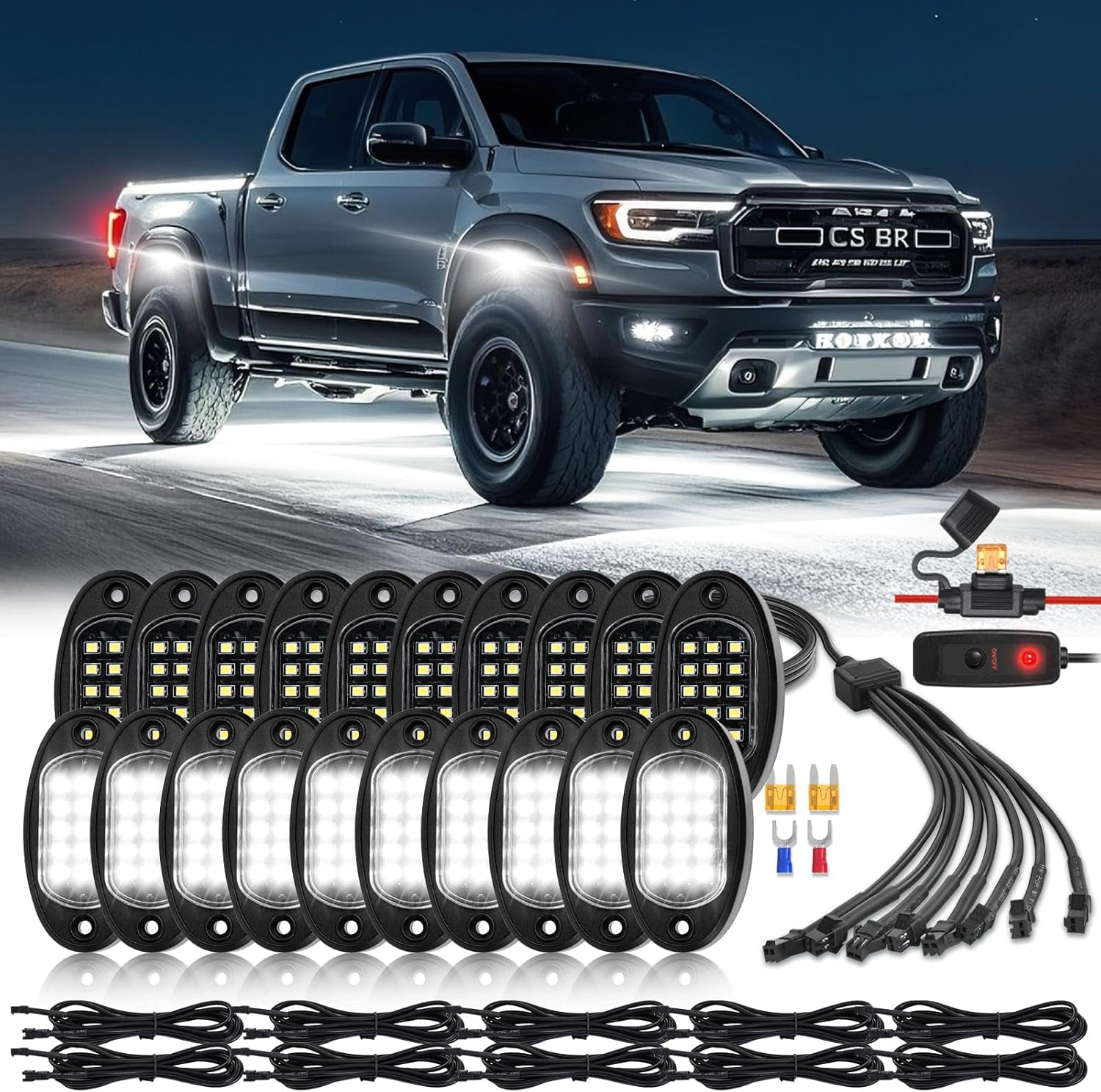 20 Pods Pure White LED Rock Lights with Extension Wires, IP67 ...