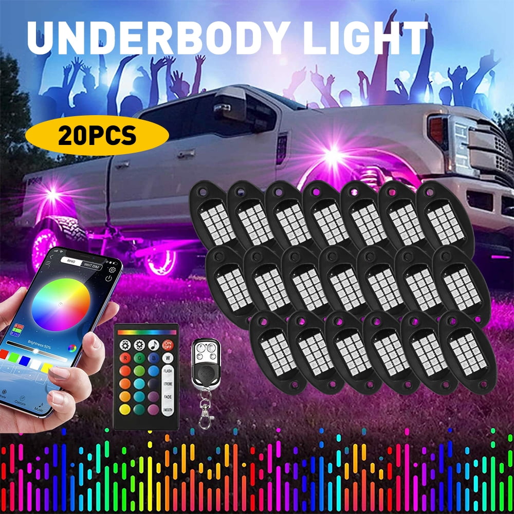 20 Pods RGB LED Rock Lights Kit Offroad Truck Underbody Neon Music ...