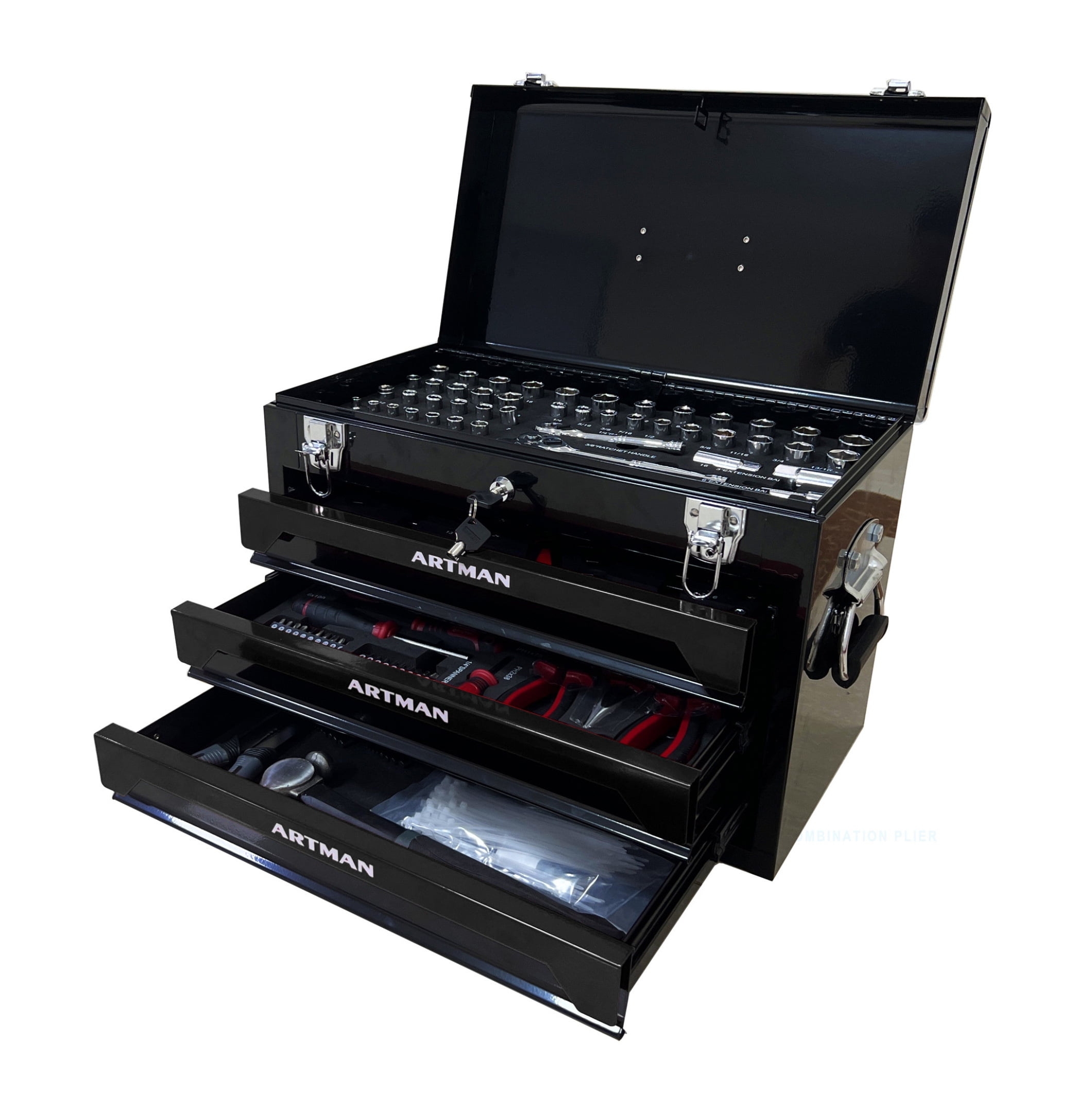 20'' Portable 3-Drawer Steel Toolbox, 4 Layers of Tools with Metal ...