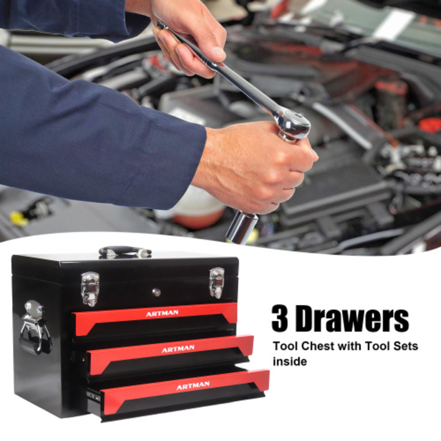 20'' Portable 3 Drawer Steel Toolbox 4 Layers Of Tools Metal Latches ...