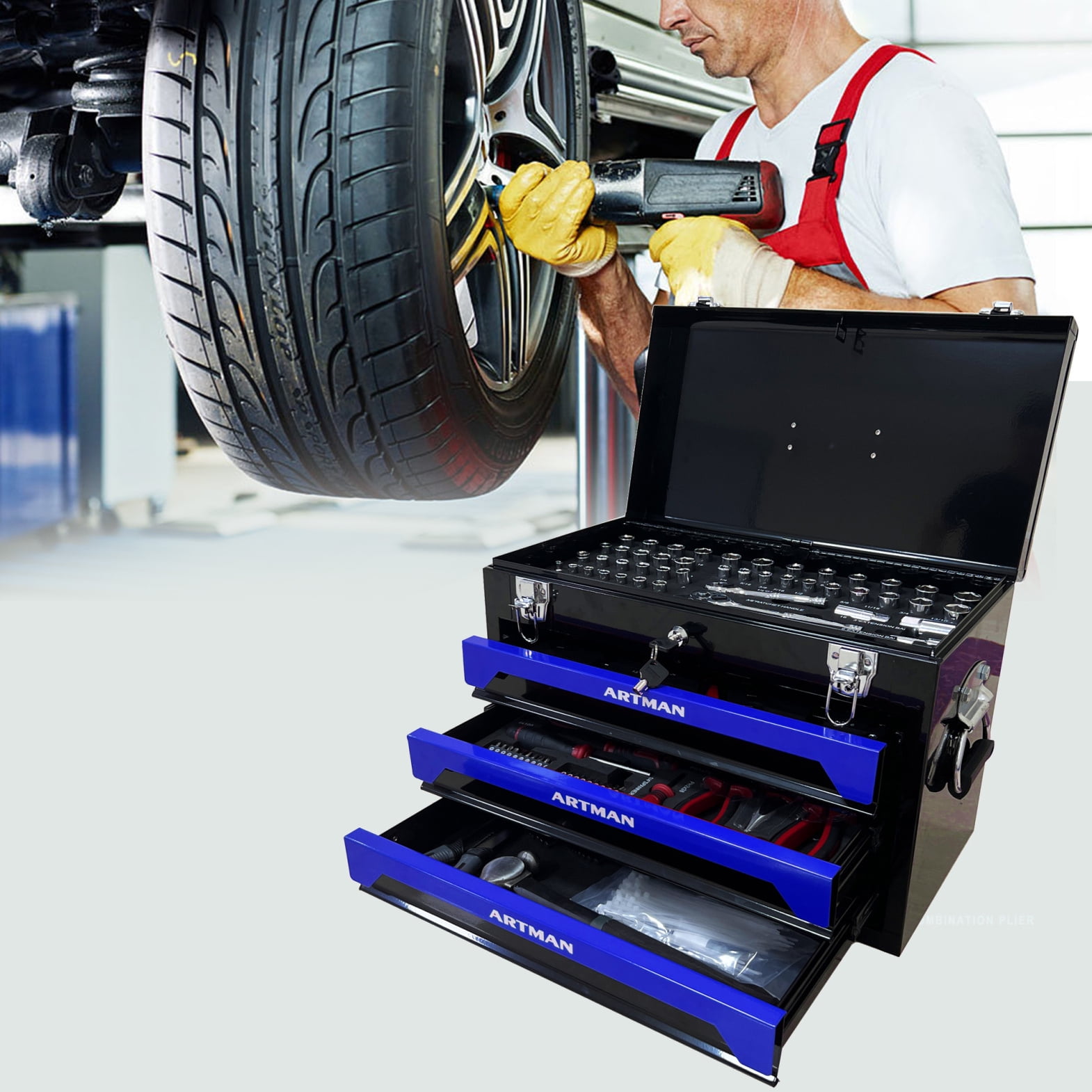 20" Portable 3-Drawer Steel Toolbox with Metal Latches, 4-Layer Tool ...