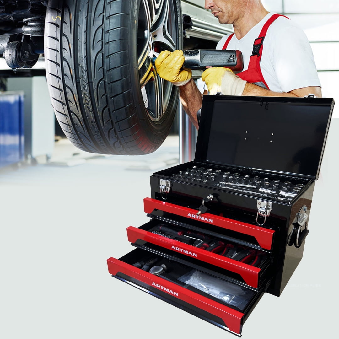 20'' Portable 3 Drawers Steel Toolbox,Multi-Function Tool Storage Chest ...