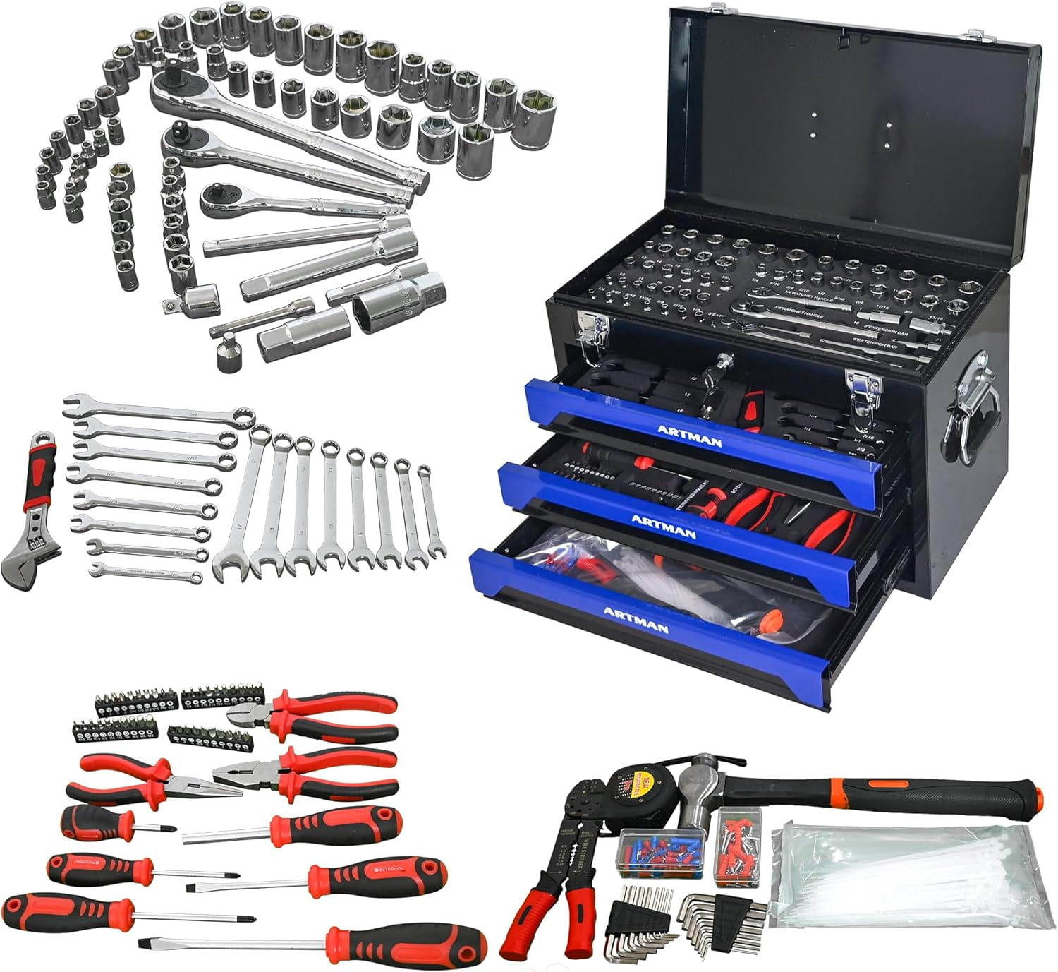 20" Portable Tool Box with Key Lock, 439 Piece Mechanics Tool Set, 3 ...