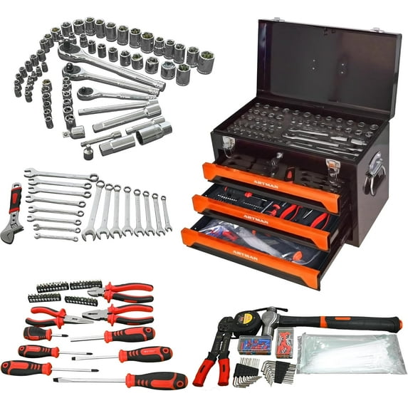 20" Portable Tool Box with Key Lock, 439 Piece Mechanics Tool Set, 3 ...